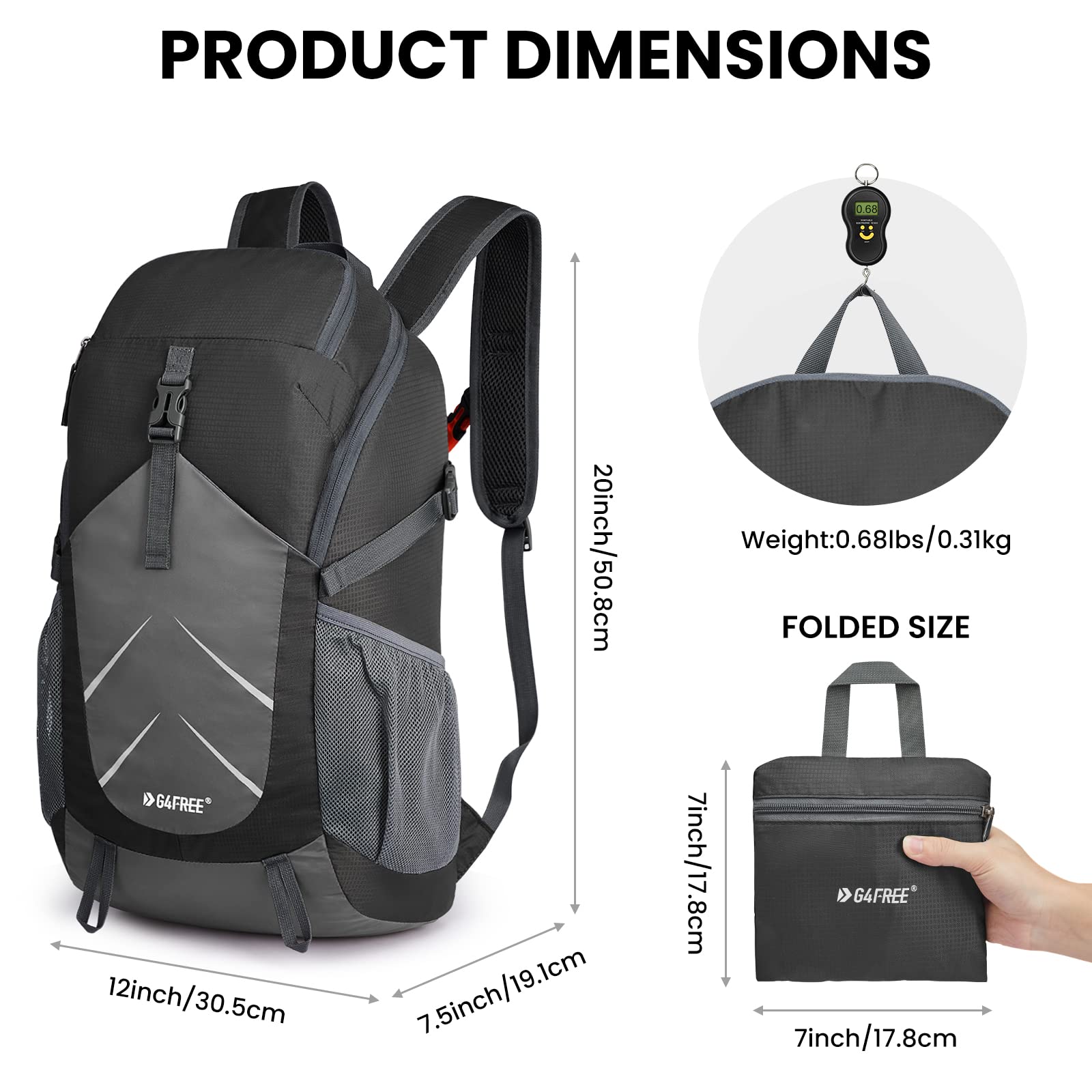 G4Free 30L Packable Hiking Backpack, Lightweight Foldable Daypack Water Resistant for Outdoor Hiking Traveling Camping(Black/Grey)