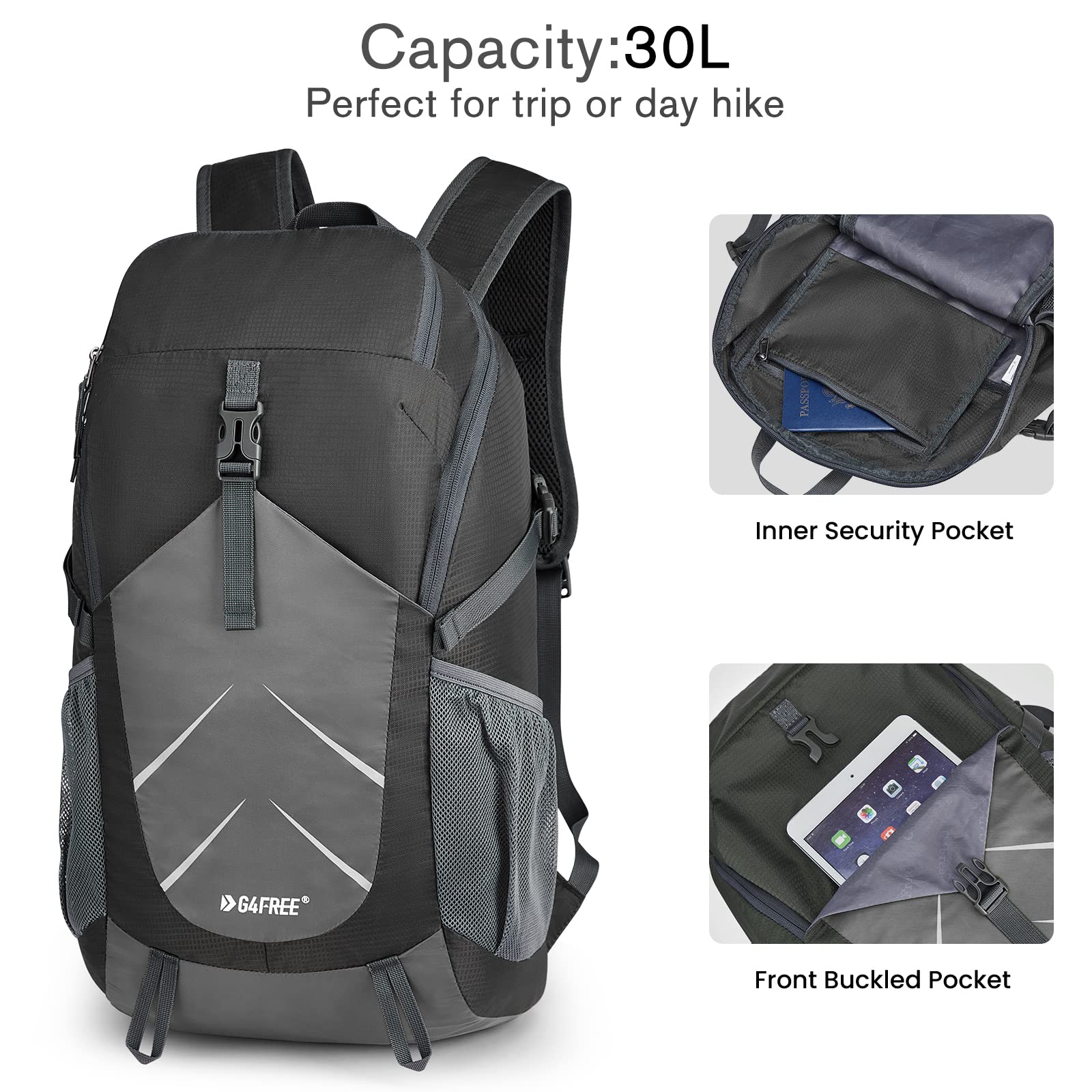 G4Free 30L Packable Hiking Backpack, Lightweight Foldable Daypack Water Resistant for Outdoor Hiking Traveling Camping(Black/Grey)
