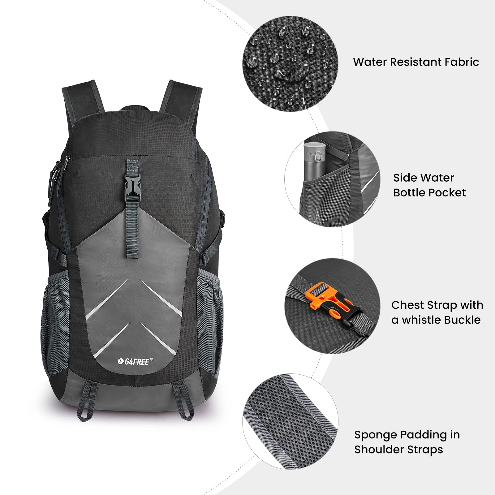 G4Free 30L Packable Hiking Backpack, Lightweight Foldable Daypack Water Resistant for Outdoor Hiking Traveling Camping(Black/Grey)