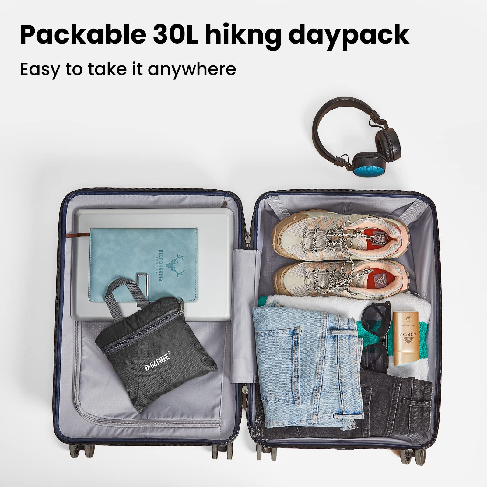 G4Free 30L Packable Hiking Backpack, Lightweight Foldable Daypack Water Resistant for Outdoor Hiking Traveling Camping(Black/Grey)