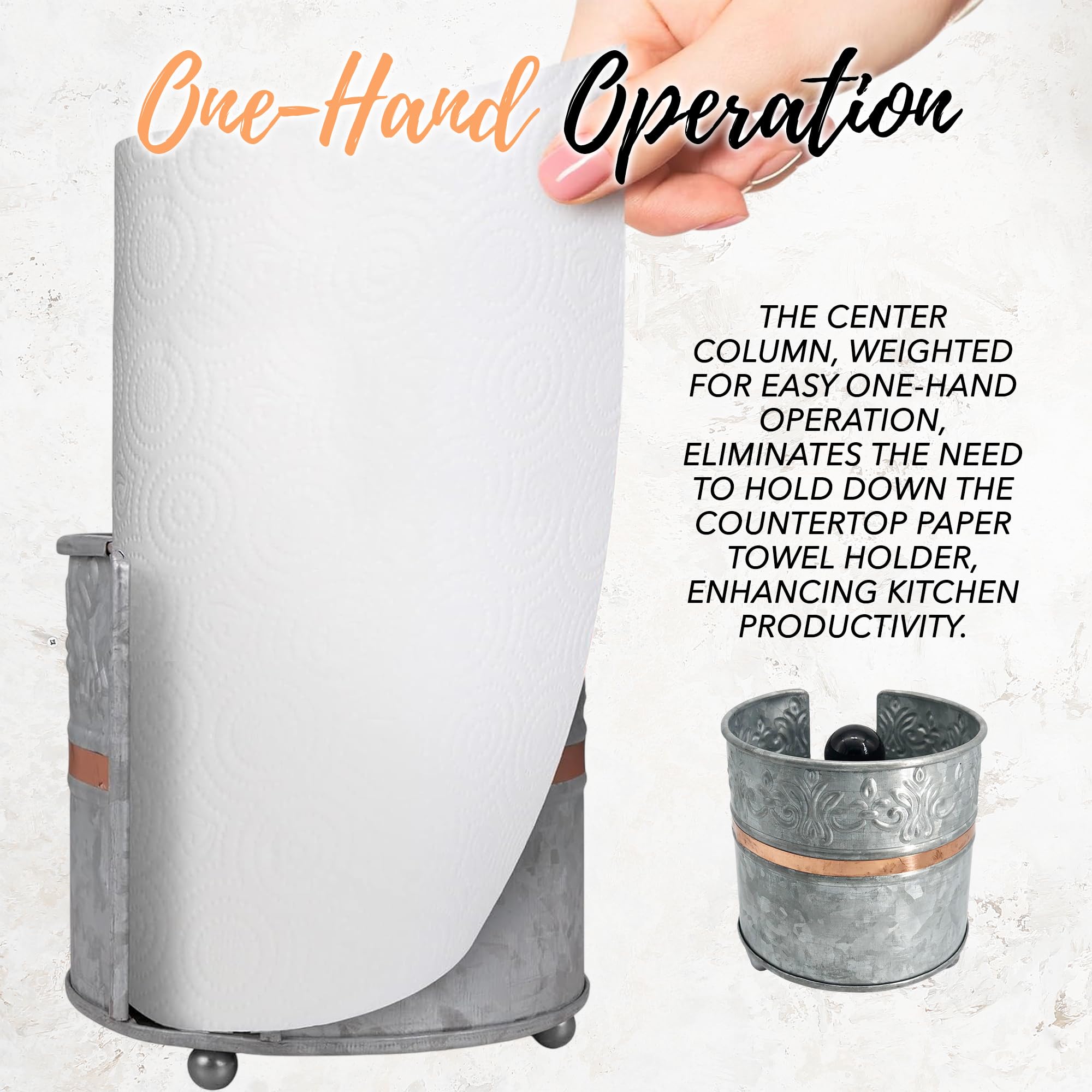 Autumn Alley Farmhouse Galvanized Kitchen Paper Towel Holder – Vintage Style Weighted Countertop Design – Rustic Warm Copper Accent with Galvanized Metal for Industrial Flair