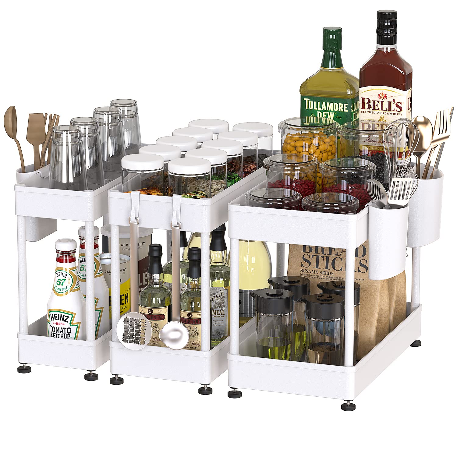 3 Pack Under Sink Organizers and Storage,2 Tier Under the Sink Organizer with 12 Hooks and 3 Cups,ABS Material Multi-purpose Under Cabinet Organizers and Storage for Bathroom Kitchen Laundry Room