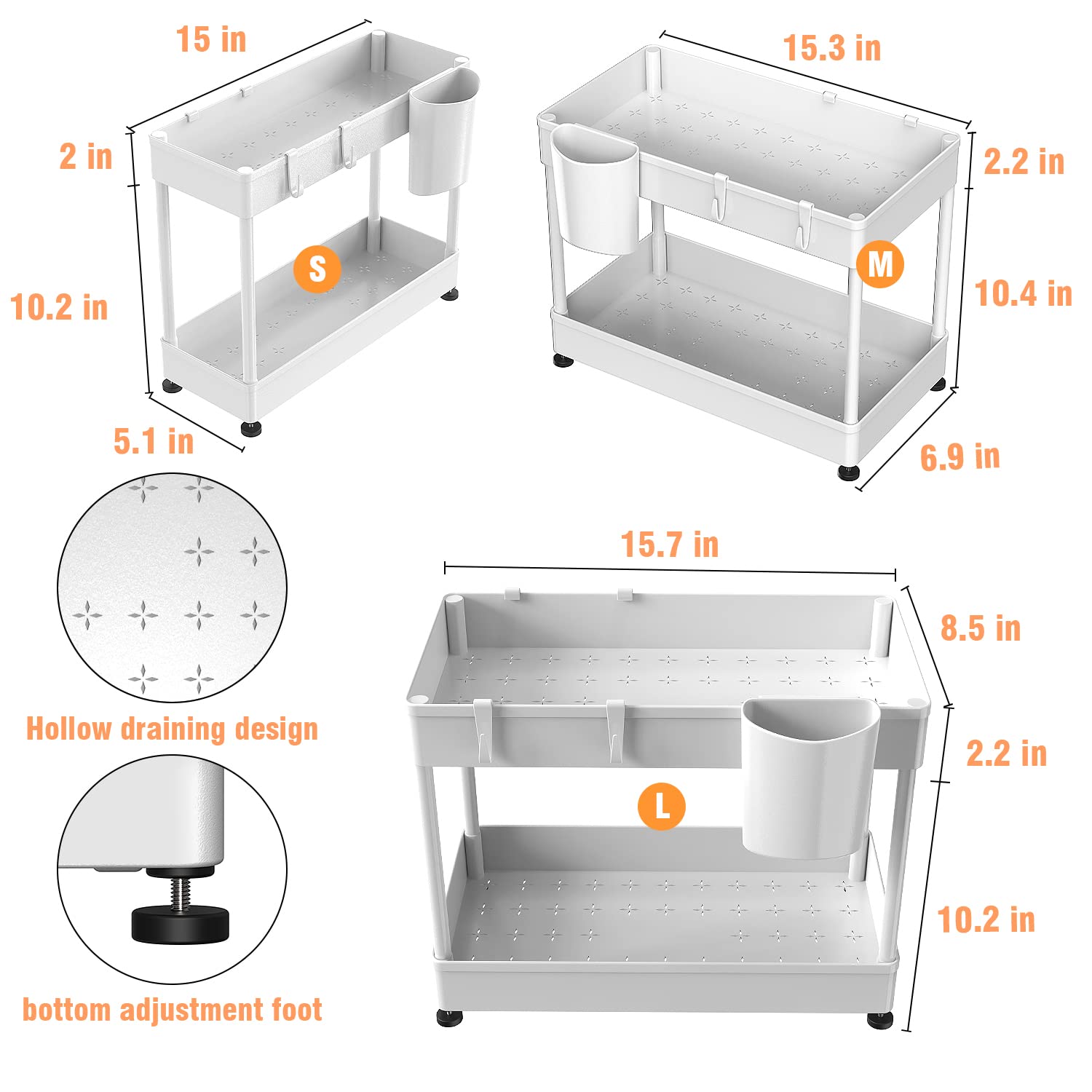 3 Pack Under Sink Organizers and Storage,2 Tier Under the Sink Organizer with 12 Hooks and 3 Cups,ABS Material Multi-purpose Under Cabinet Organizers and Storage for Bathroom Kitchen Laundry Room