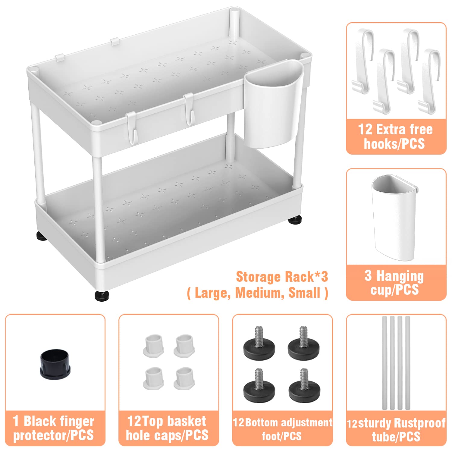 3 Pack Under Sink Organizers and Storage,2 Tier Under the Sink Organizer with 12 Hooks and 3 Cups,ABS Material Multi-purpose Under Cabinet Organizers and Storage for Bathroom Kitchen Laundry Room