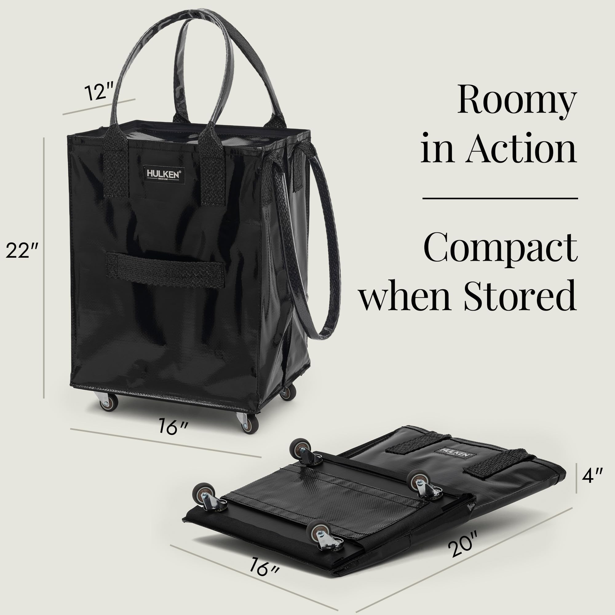 HULKEN - (Medium, Rose Gold Reusable Grocery Bag On Wheels, Shopping Trolley, Lightweight, Carries Up To 66 lb, Folds Flat, Unbreakable Handles