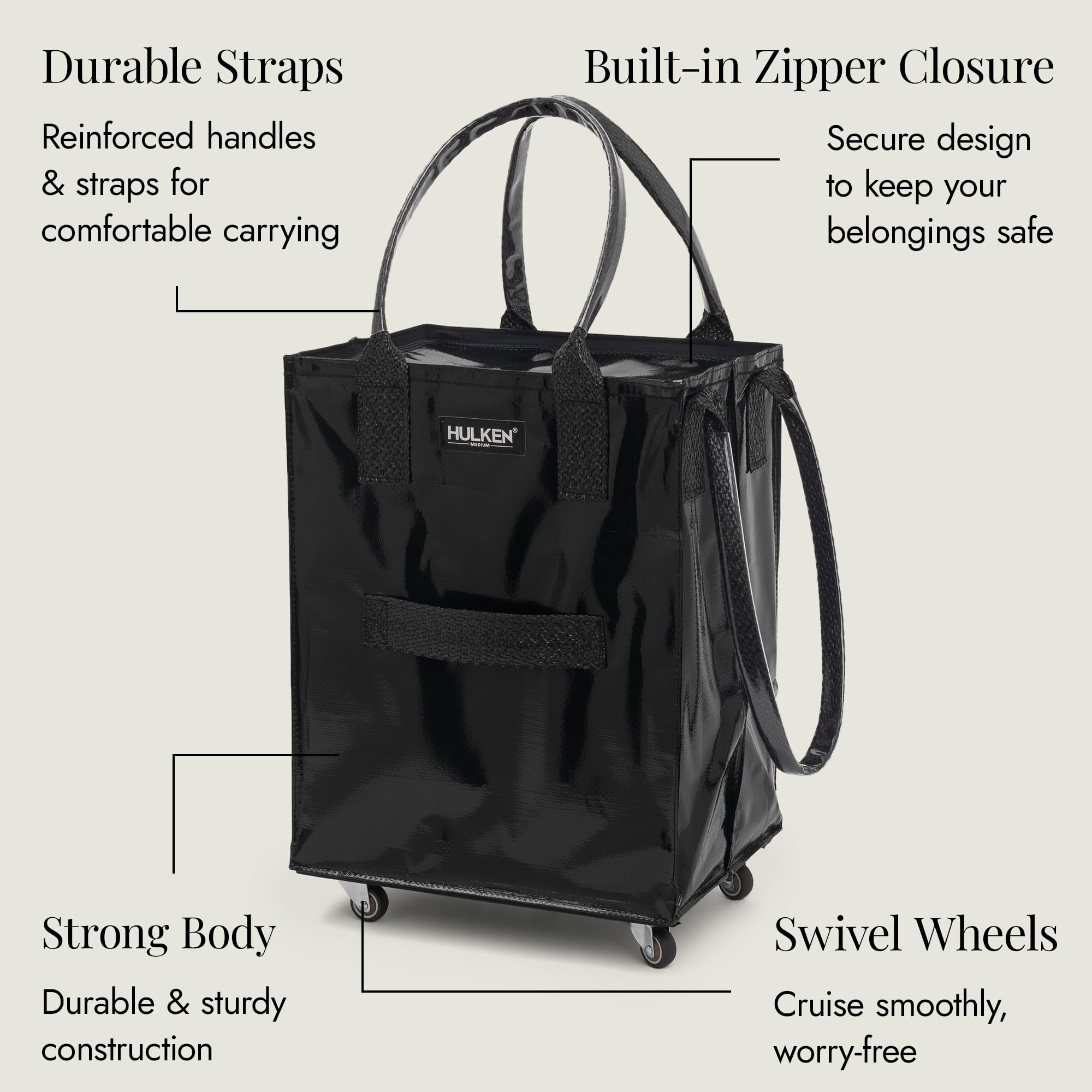 HULKEN - (Medium, Rose Gold Reusable Grocery Bag On Wheels, Shopping Trolley, Lightweight, Carries Up To 66 lb, Folds Flat, Unbreakable Handles