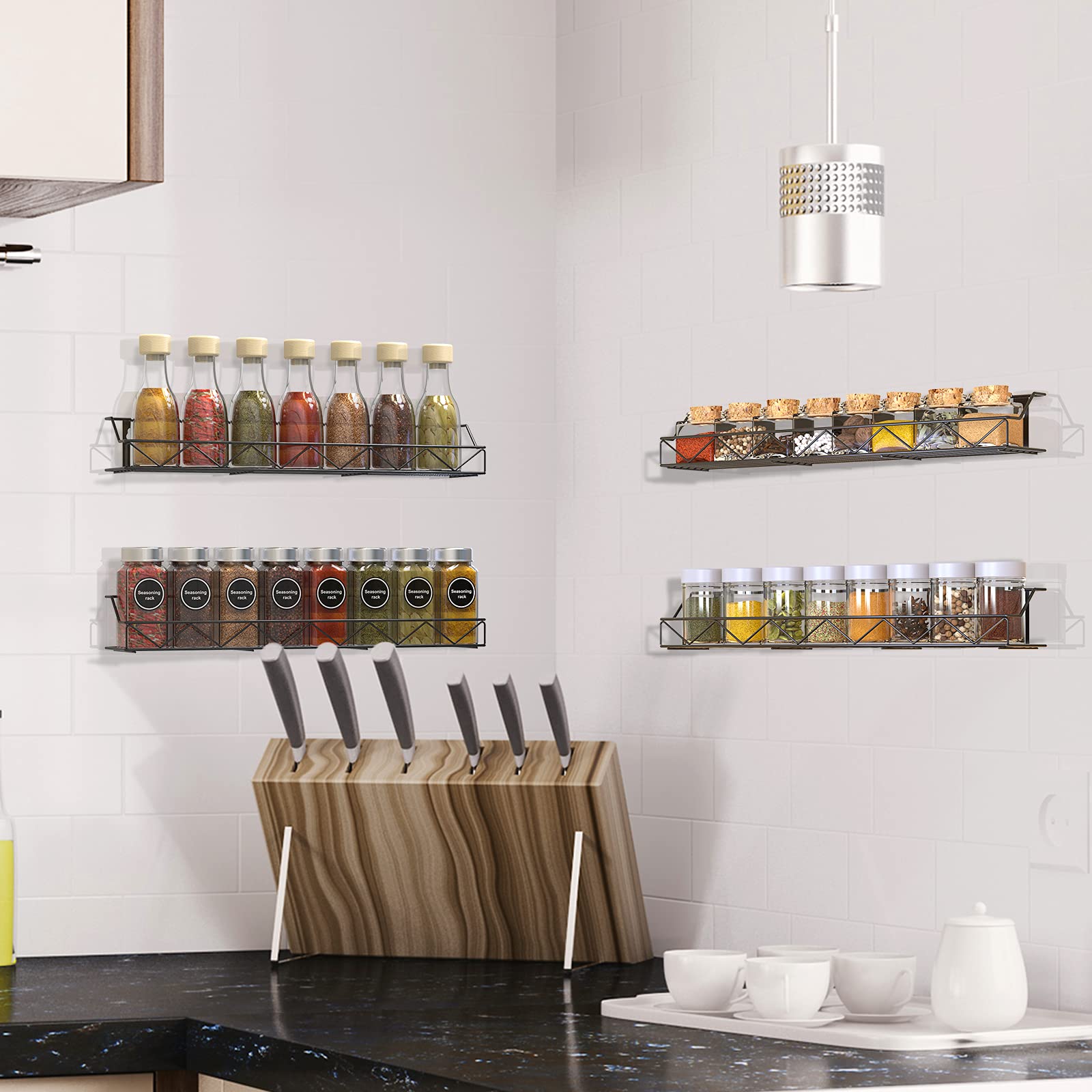 Bextsrack Spice Rack Organizer for Cabinets, 4 Pack Wall Mounted Spice Seasoning Jars Shelf Storage Organizer for Cupboard, Pantry Door, Black