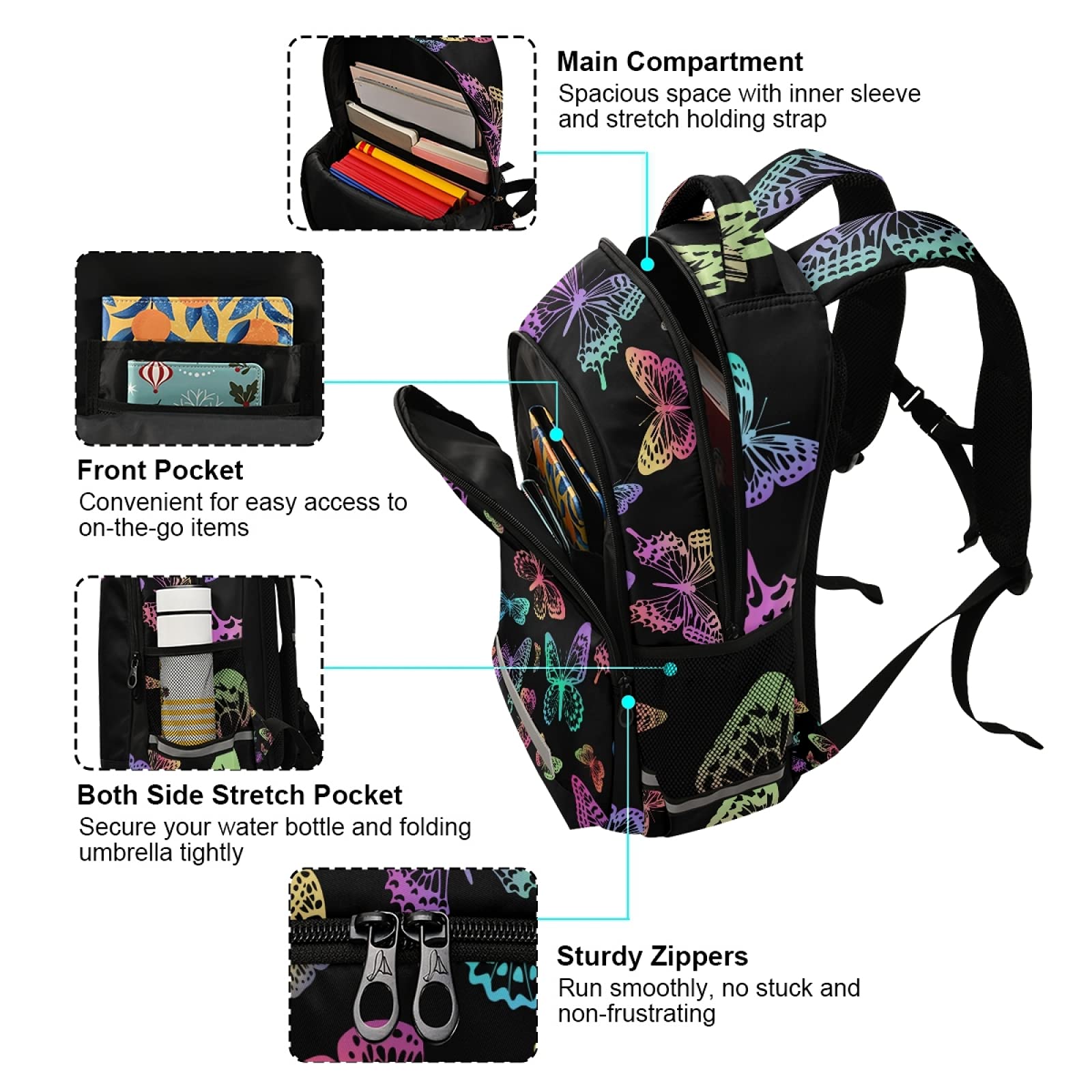 MCHIVER Rainbow Butterfly Kids Backpack for Boys & Girls 16.7 Inch - All Over Printed Back Pack for Teen With Adjustable Buckle,Bulk Backpacks for School & Travel