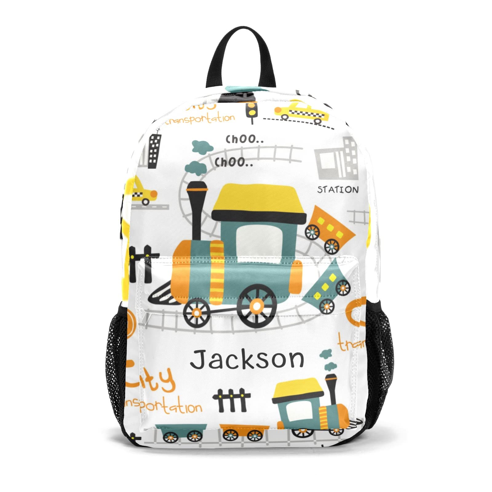 Personalized School Backpack,Transportation Choo Choo Train Cartoon Custom Casual 17 Inch Durable Bag for Girls Boys