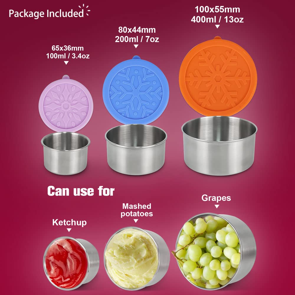 LIHONG Stainless Steel Containers with Lids,Snack Containers,Sauce Containers,Lunch Box for Kids Adults,Rustproof,Leakproof,Easy Open,Set of 3(3.4oz, 7oz,13oz)
