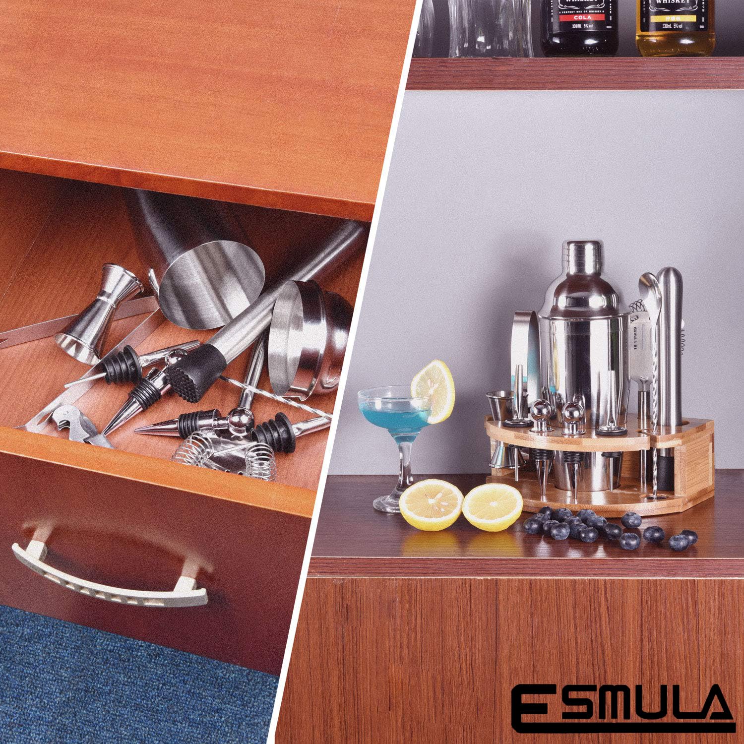Esmula Bartender Kit with Stylish Bamboo Stand, 12 Piece 25oz Cocktail Shaker Set for Mixed Drink, Professional Stainless Steel Bar Tool Set, Gift for Man Dad- Cocktail Recipes Booklet