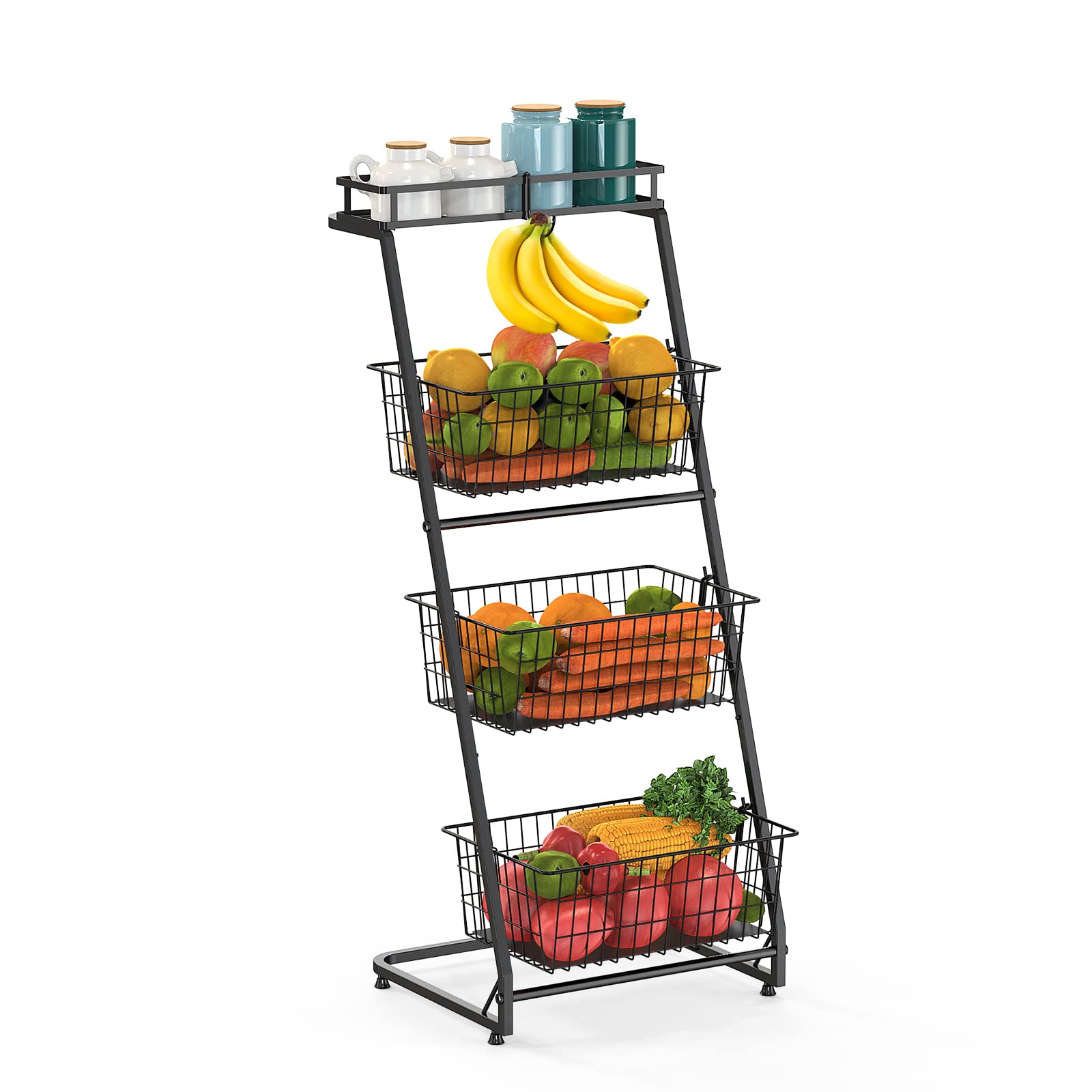 Auledio 4-Tier Fruit Vegetables Basket Bowl Storage Holder With Banana Hanger , Black