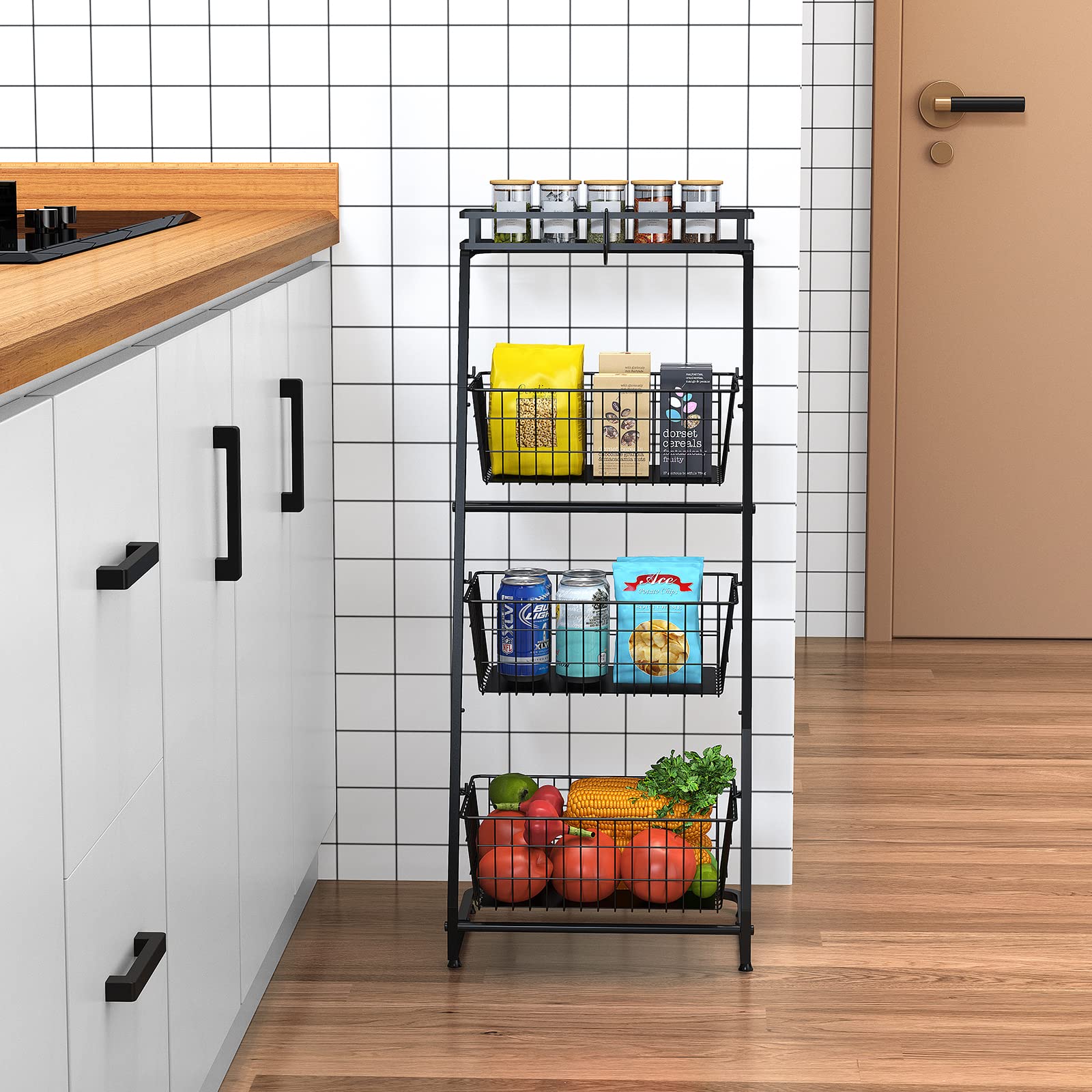 Auledio 4-Tier Fruit Vegetables Basket Bowl Storage Holder With Banana Hanger , Black