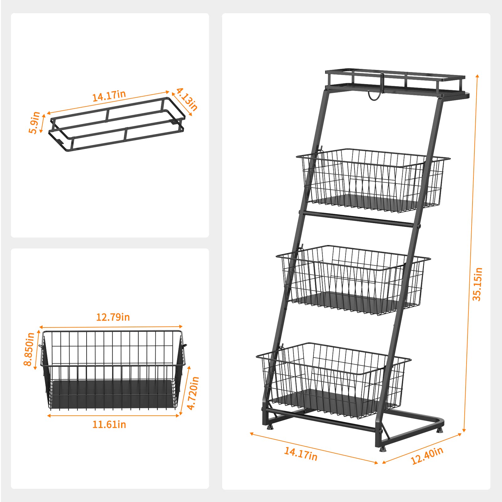 Auledio 4-Tier Fruit Vegetables Basket Bowl Storage Holder With Banana Hanger , Black