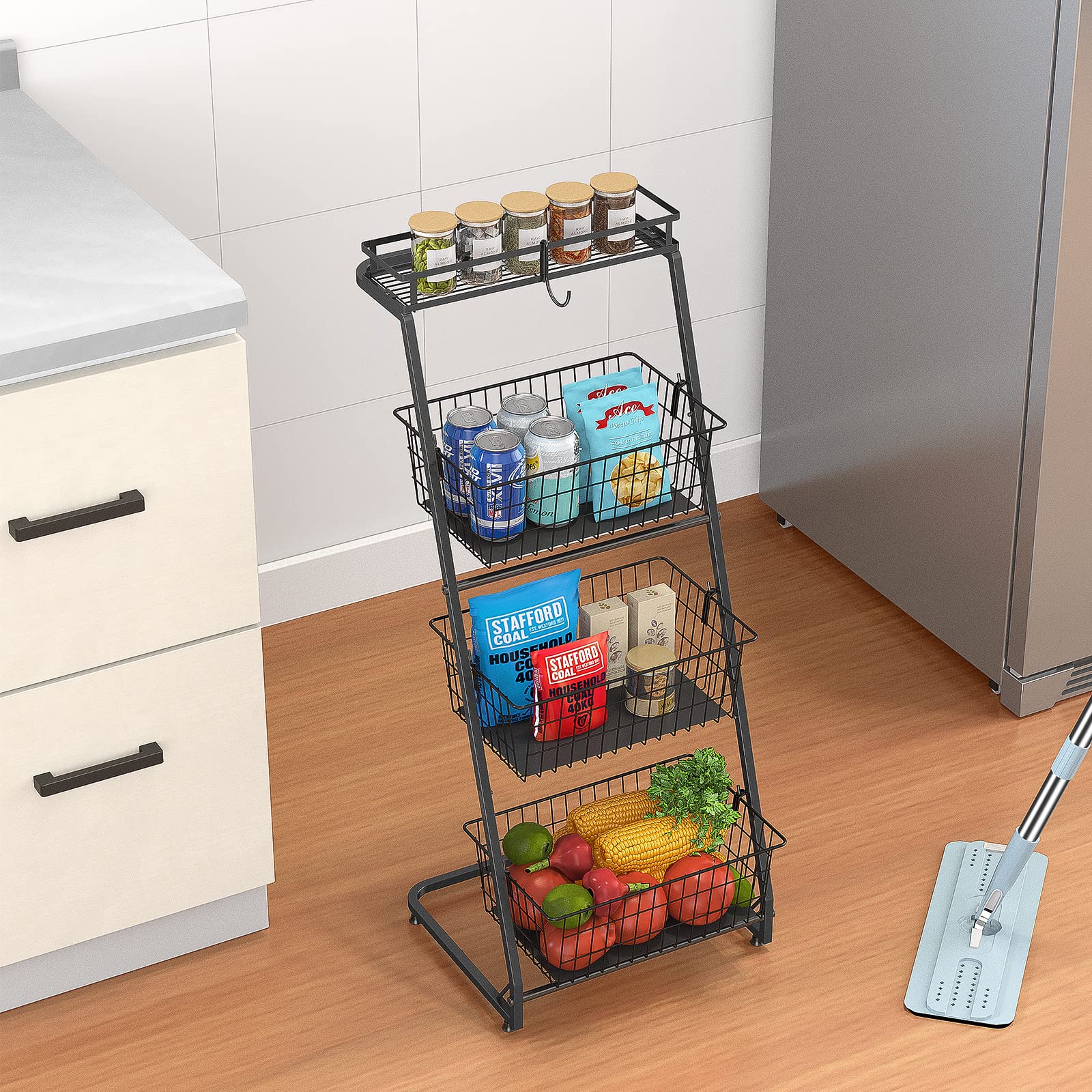Auledio 4-Tier Fruit Vegetables Basket Bowl Storage Holder With Banana Hanger , Black