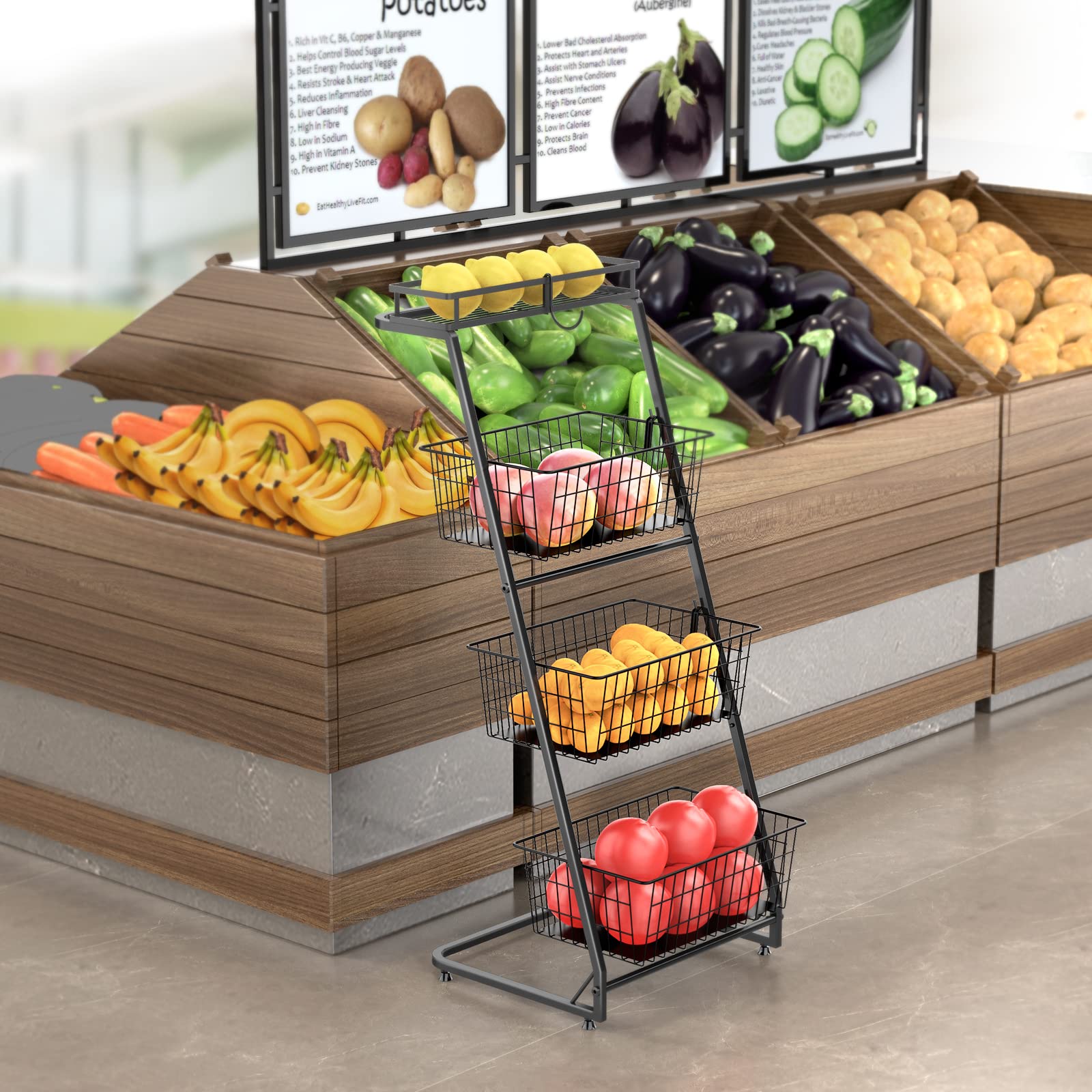 Auledio 4-Tier Fruit Vegetables Basket Bowl Storage Holder With Banana Hanger , Black