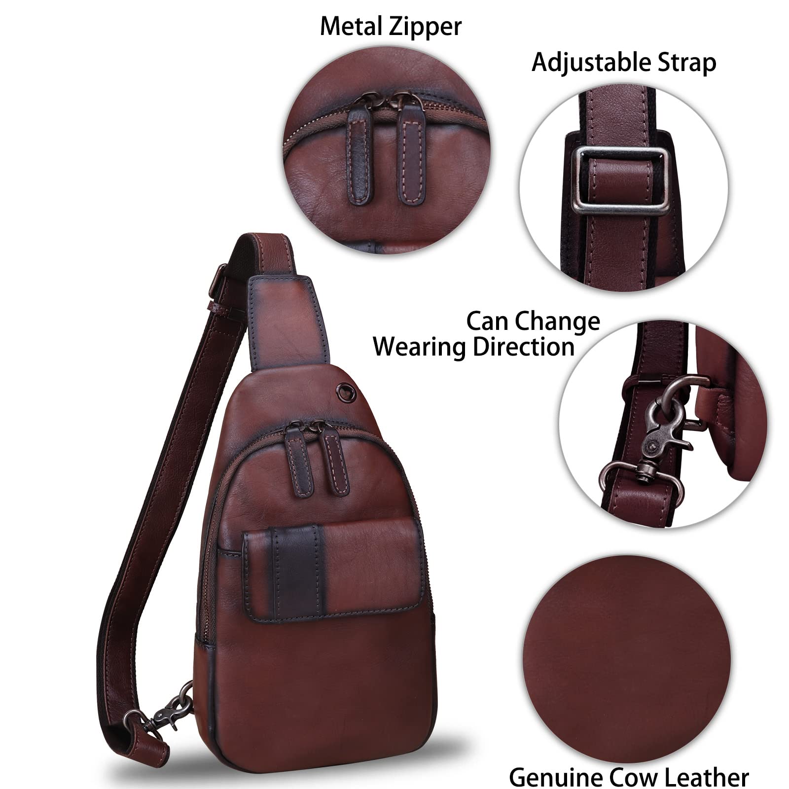 Genuine Leather Sling Bag Hiking Sling Backpacks Fanny Pack Vintage Handmade Crossbody Chest Daypack Shoulder Bag (Coffee)