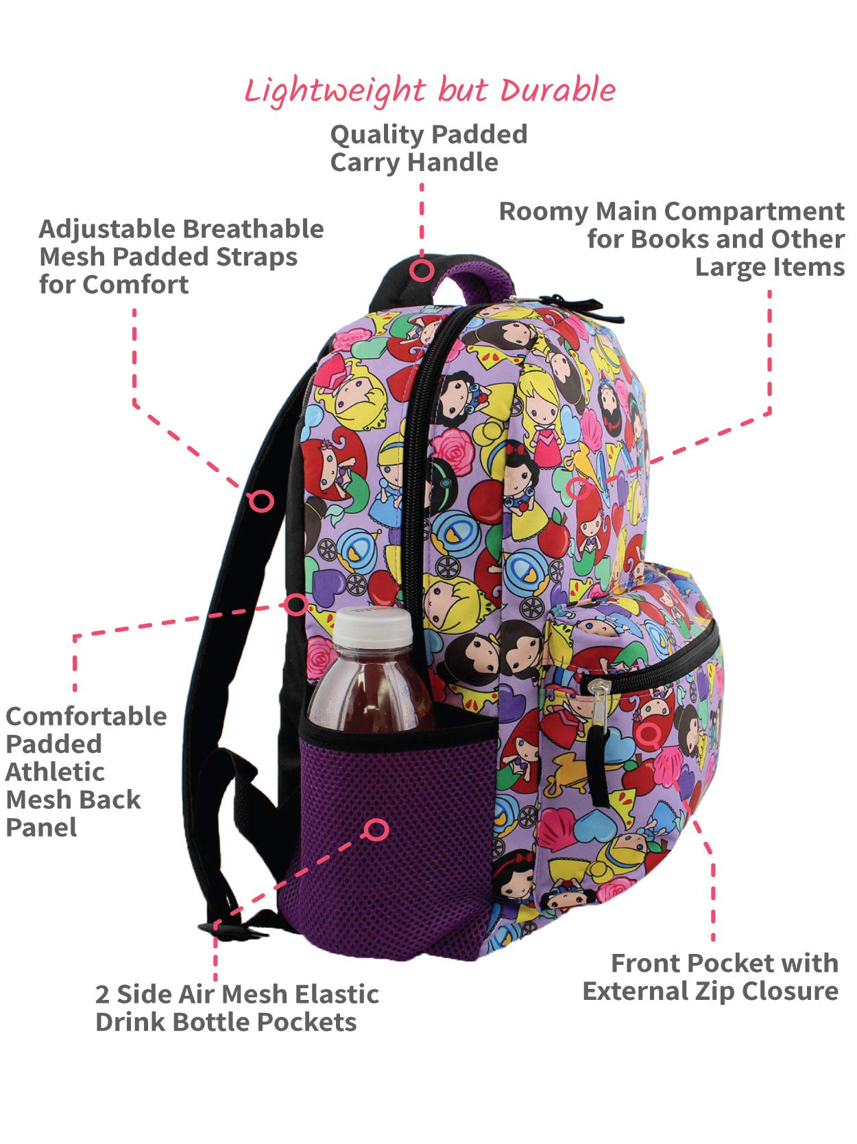 Disney Princess Emoji Girl's 16 Inch School Backpack Bag (One Size, Purple)