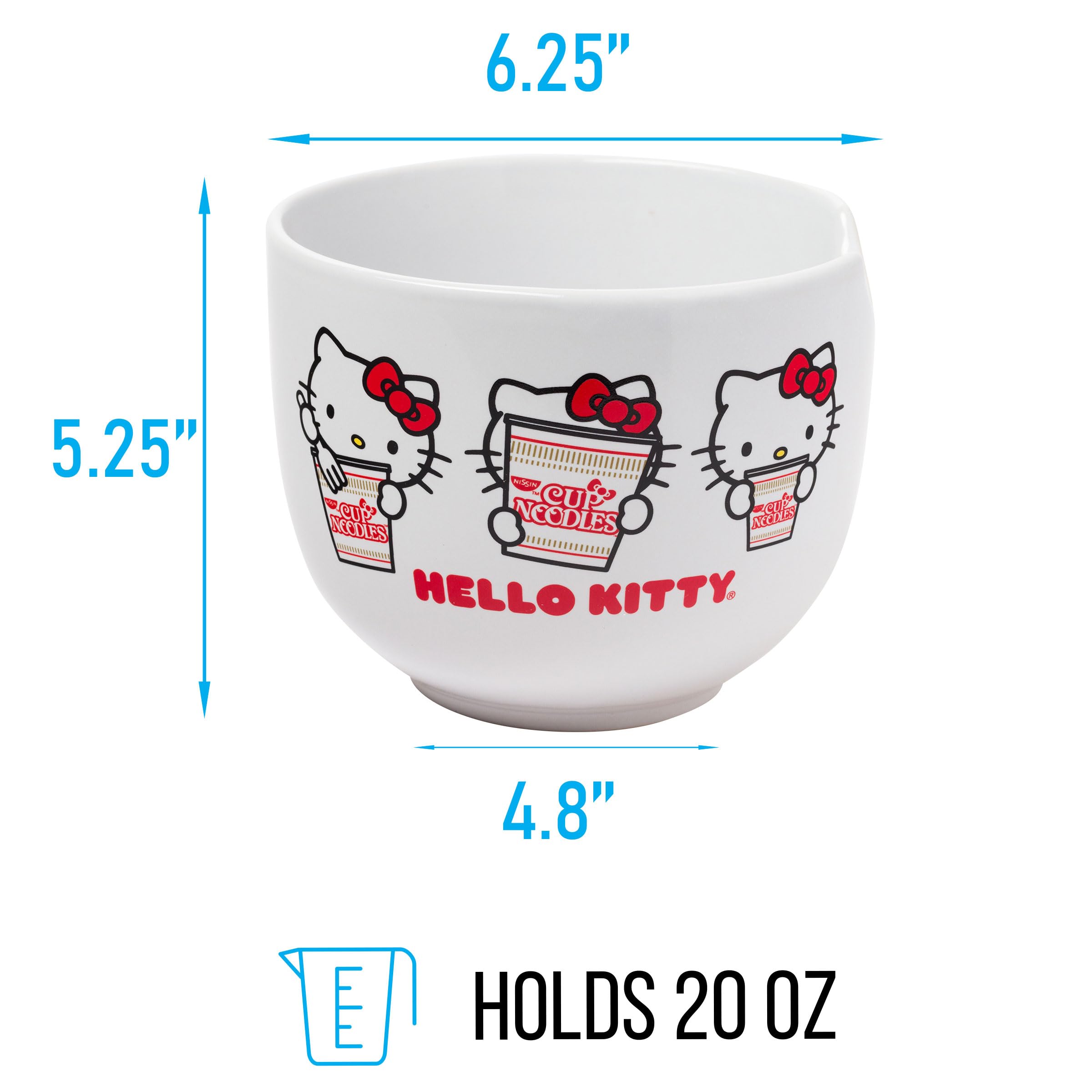Silver Buffalo Hello Kitty Cup Noodles Nissin Boxed Ceramic Ramen Noodle Bowl with Chopsticks, 20oz