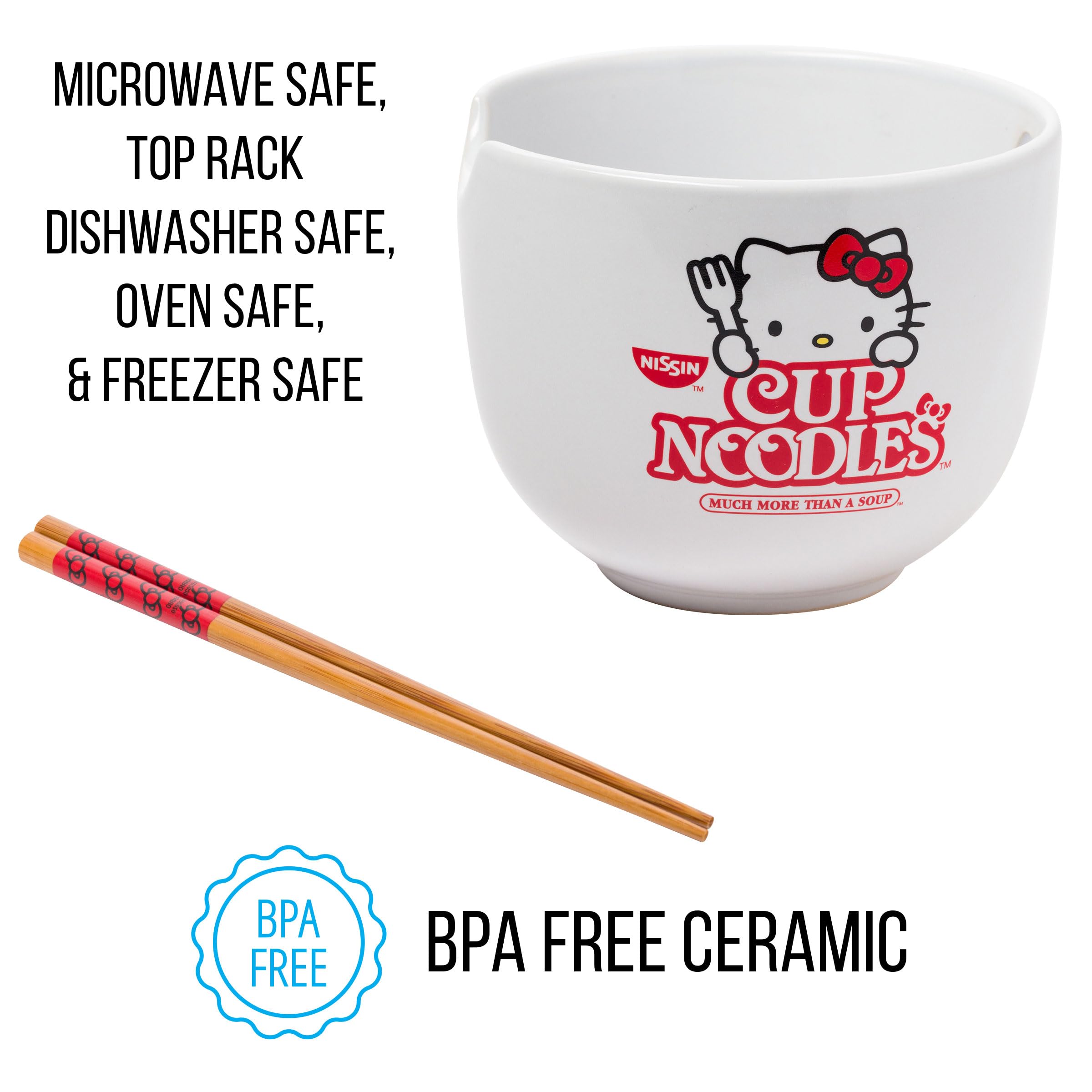 Silver Buffalo Hello Kitty Cup Noodles Nissin Boxed Ceramic Ramen Noodle Bowl with Chopsticks, 20oz