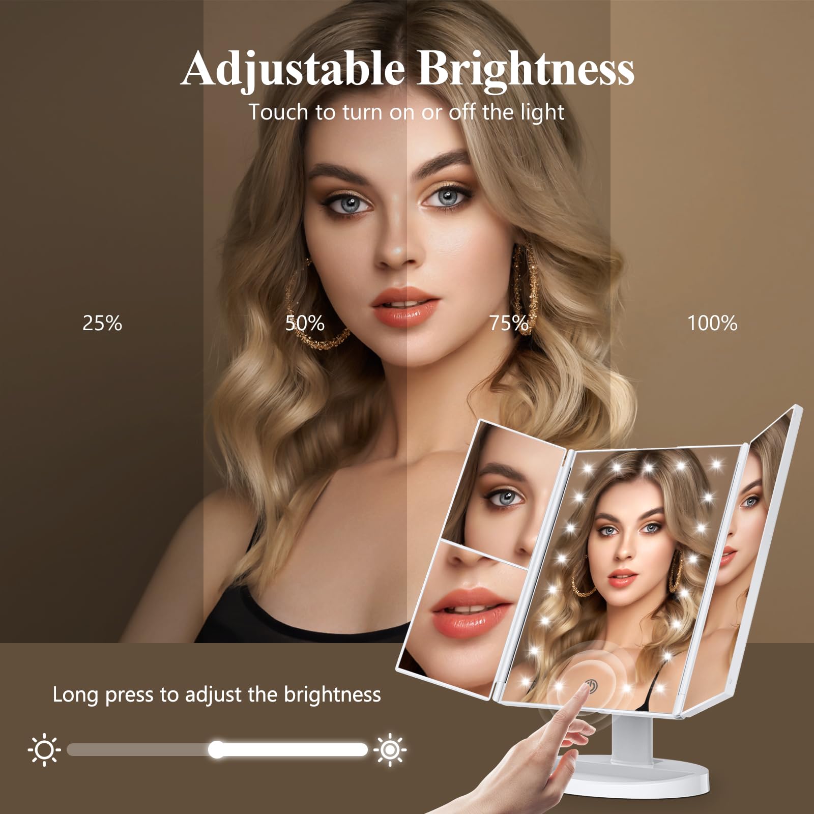 Makeup Mirror Vanity Mirror with Lights, 2X 3X 10X Magnification, Lighted Makeup Mirror, Touch Control, Trifold Makeup Mirror, Dual Power Supply, Portable LED Makeup Mirror, Women Gift (White+10X)