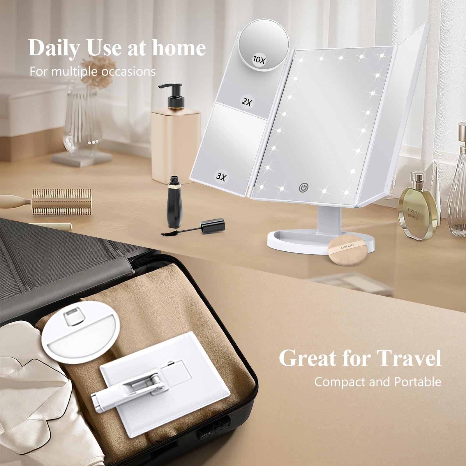 Makeup Mirror Vanity Mirror with Lights, 2X 3X 10X Magnification, Lighted Makeup Mirror, Touch Control, Trifold Makeup Mirror, Dual Power Supply, Portable LED Makeup Mirror, Women Gift (White+10X)