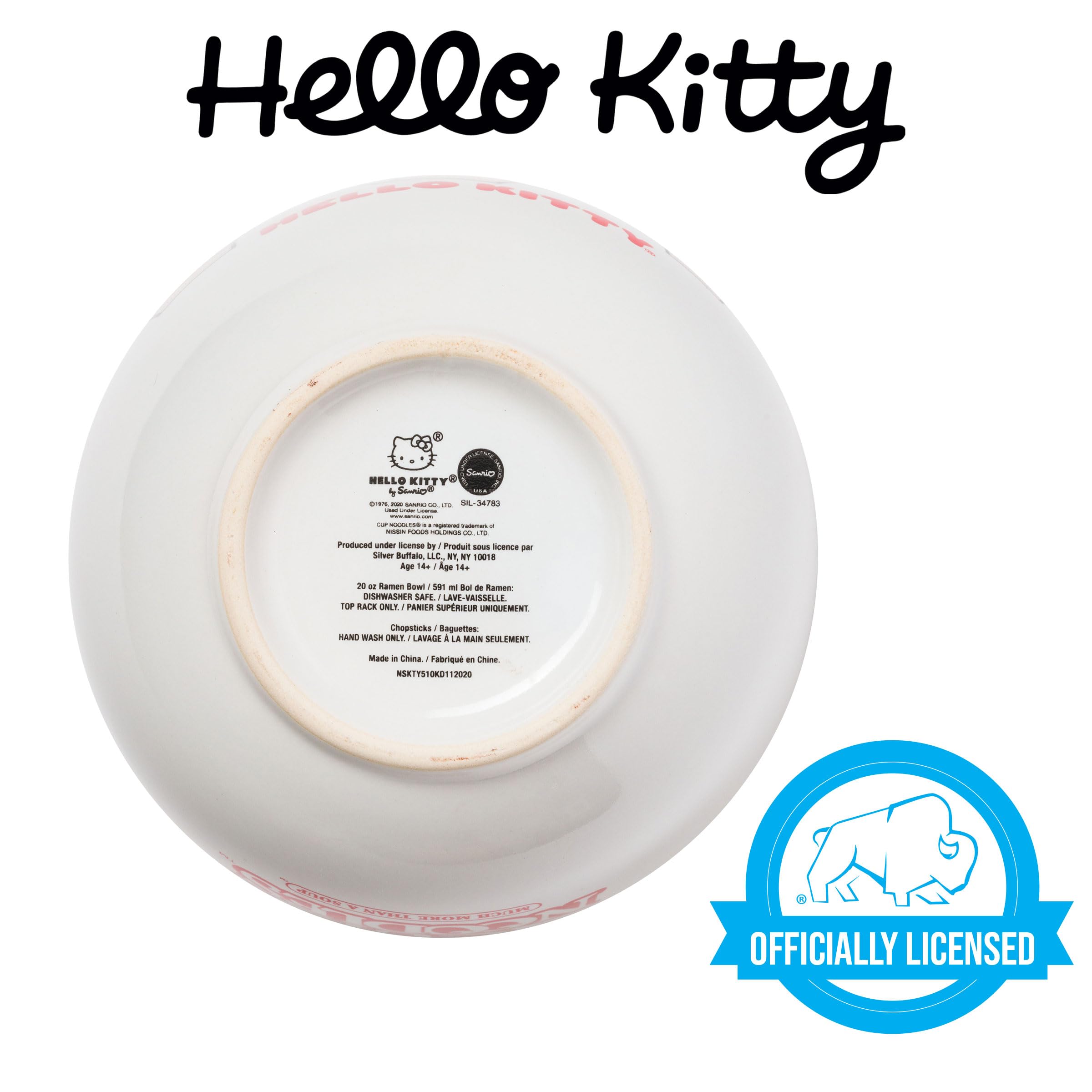 Silver Buffalo Hello Kitty Cup Noodles Nissin Boxed Ceramic Ramen Noodle Bowl with Chopsticks, 20oz