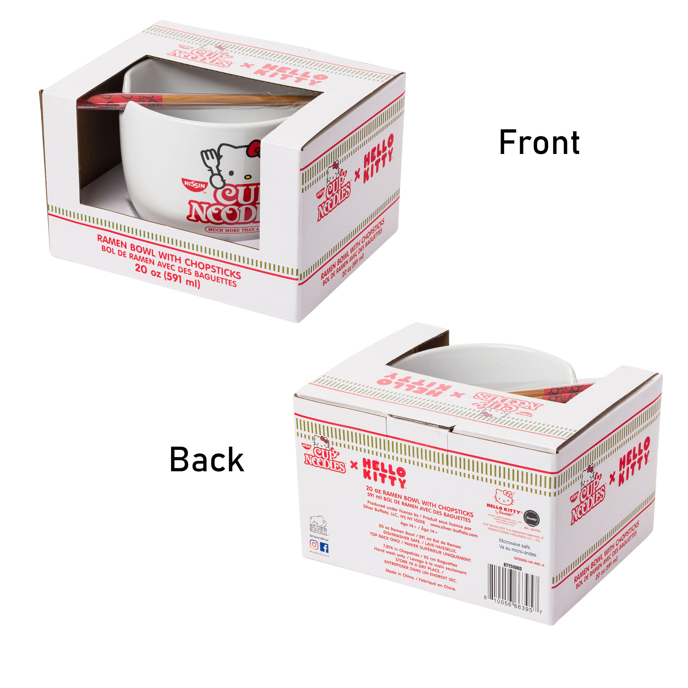 Silver Buffalo Hello Kitty Cup Noodles Nissin Boxed Ceramic Ramen Noodle Bowl with Chopsticks, 20oz