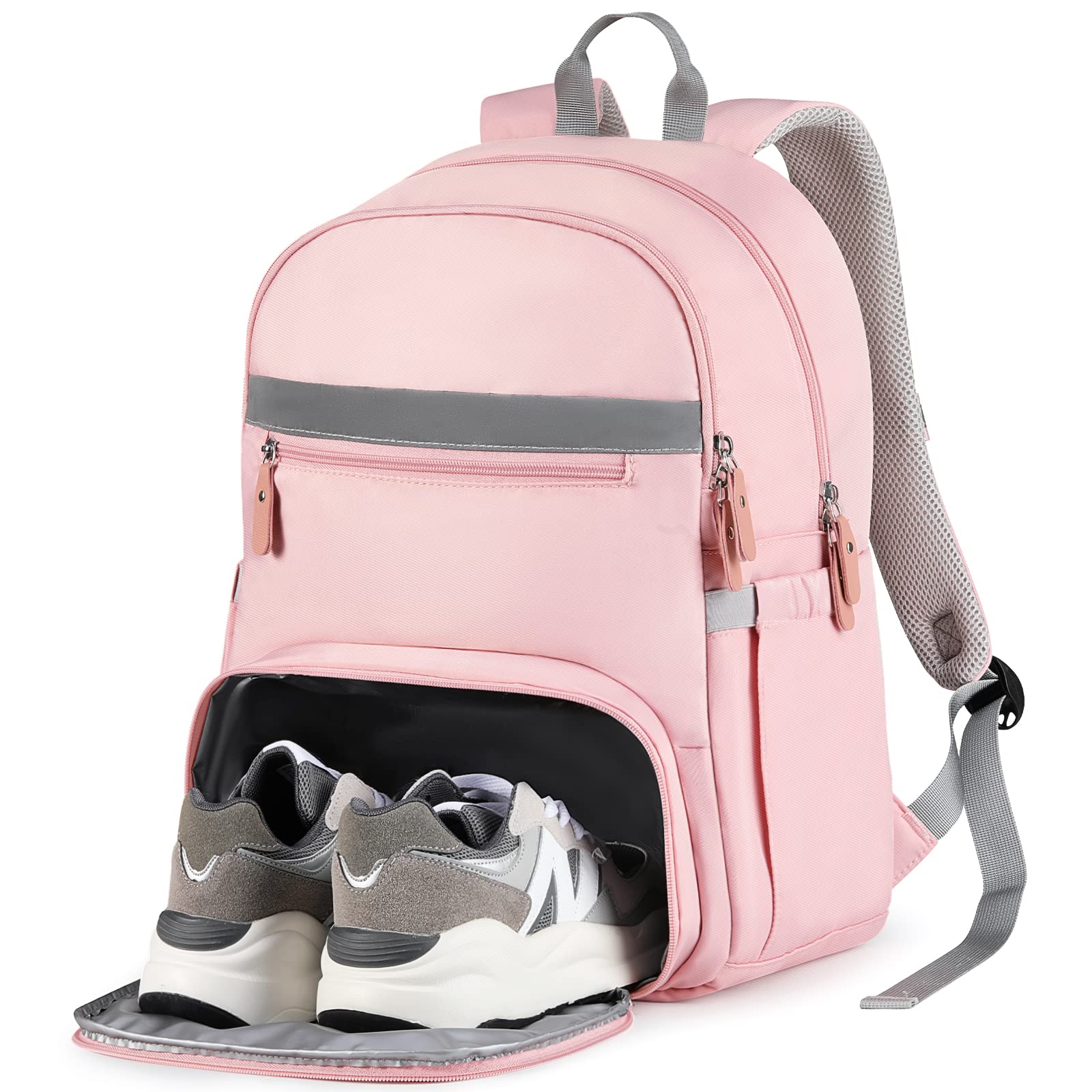 MoKo Gym Backpack with Shoe Compartment, 15.6 Inch Laptop Bag Backpack Stylish Water Resistant Travel Backpack Anti Theft School Backpack for Women/Girls/Teens Gifts, Pink