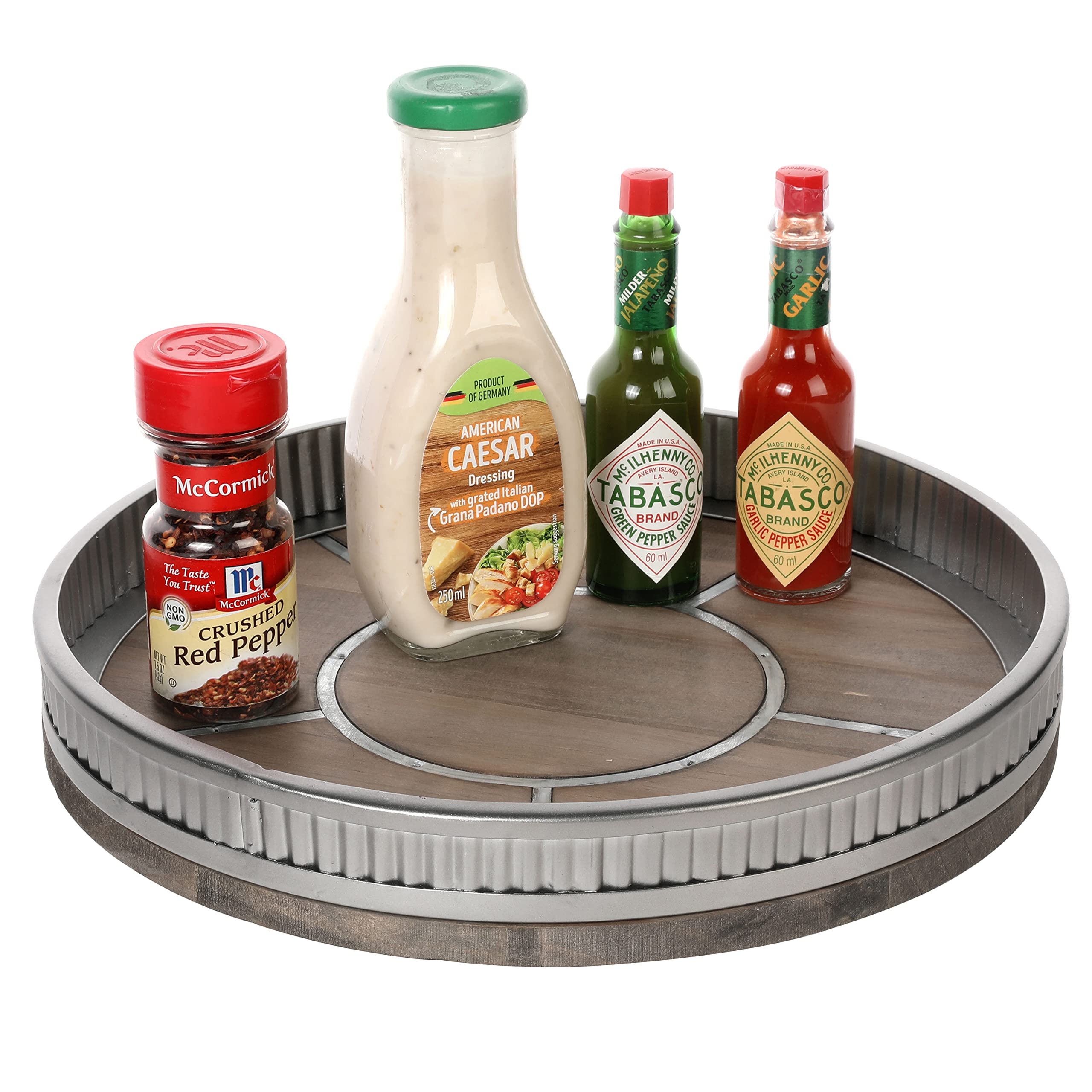 MyGift 12 inch Farmhouse Decorative Lazy Susan, Vintage Brown Wood and Galvanized Metal Turntable Display Tray