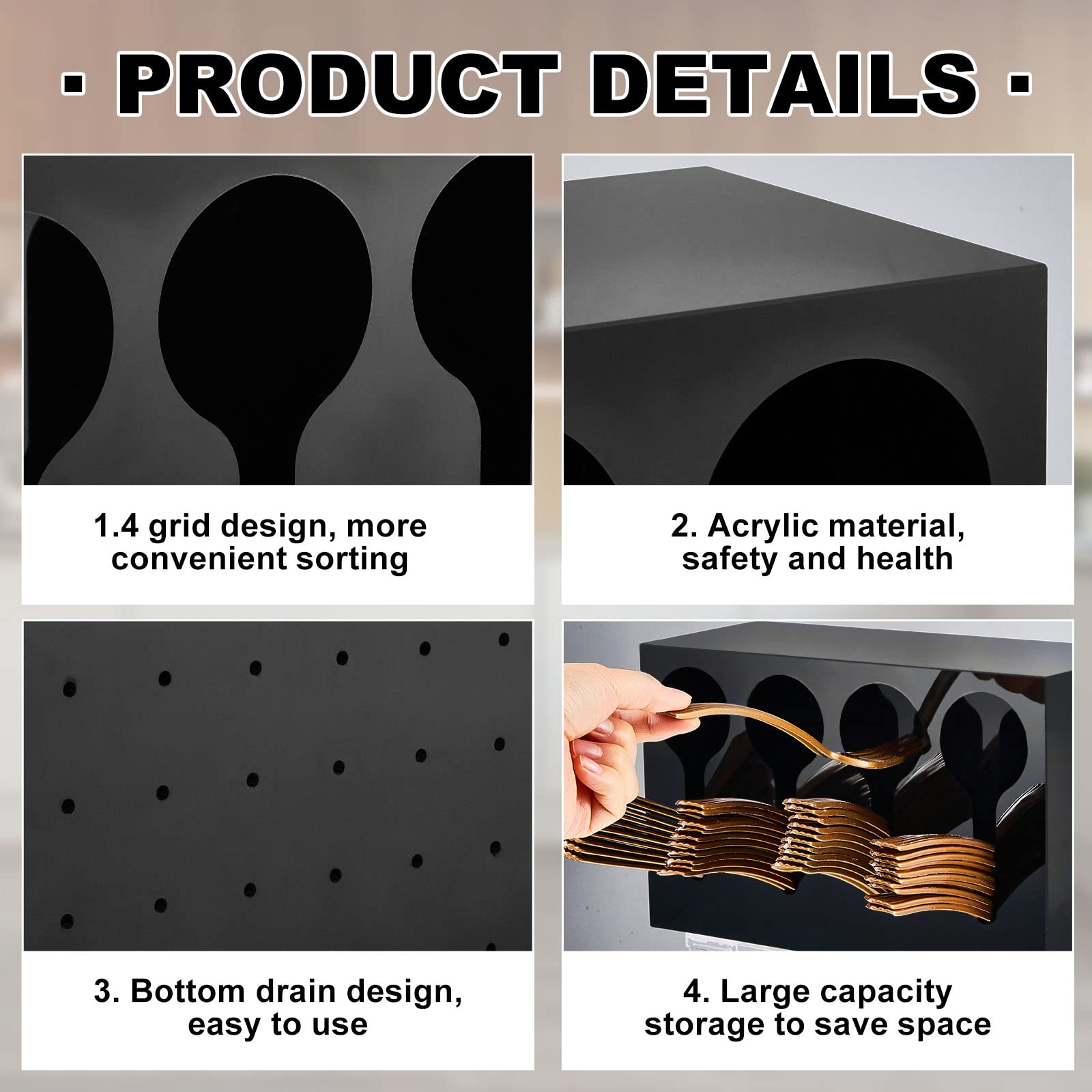 Plastic Utensil Dispenser 4 Compartments Cutlery Dispenser Plastic Silverware Holder Silverware Caddy Spoon Fork Flatware Organizers Plasticware Sorter for Restaurant Office Countertop Party Storage
