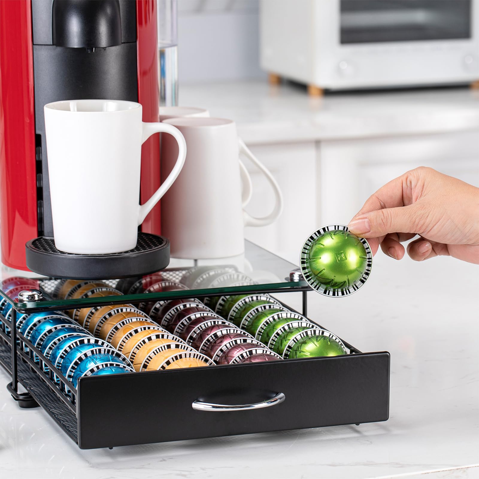 Rice rat Vertuo Capsule Holder Drawer for Nespresso With Glass For Cabinet Vertuoline Pod Storage Rack For Counter (Class-40 Pods(With handle))