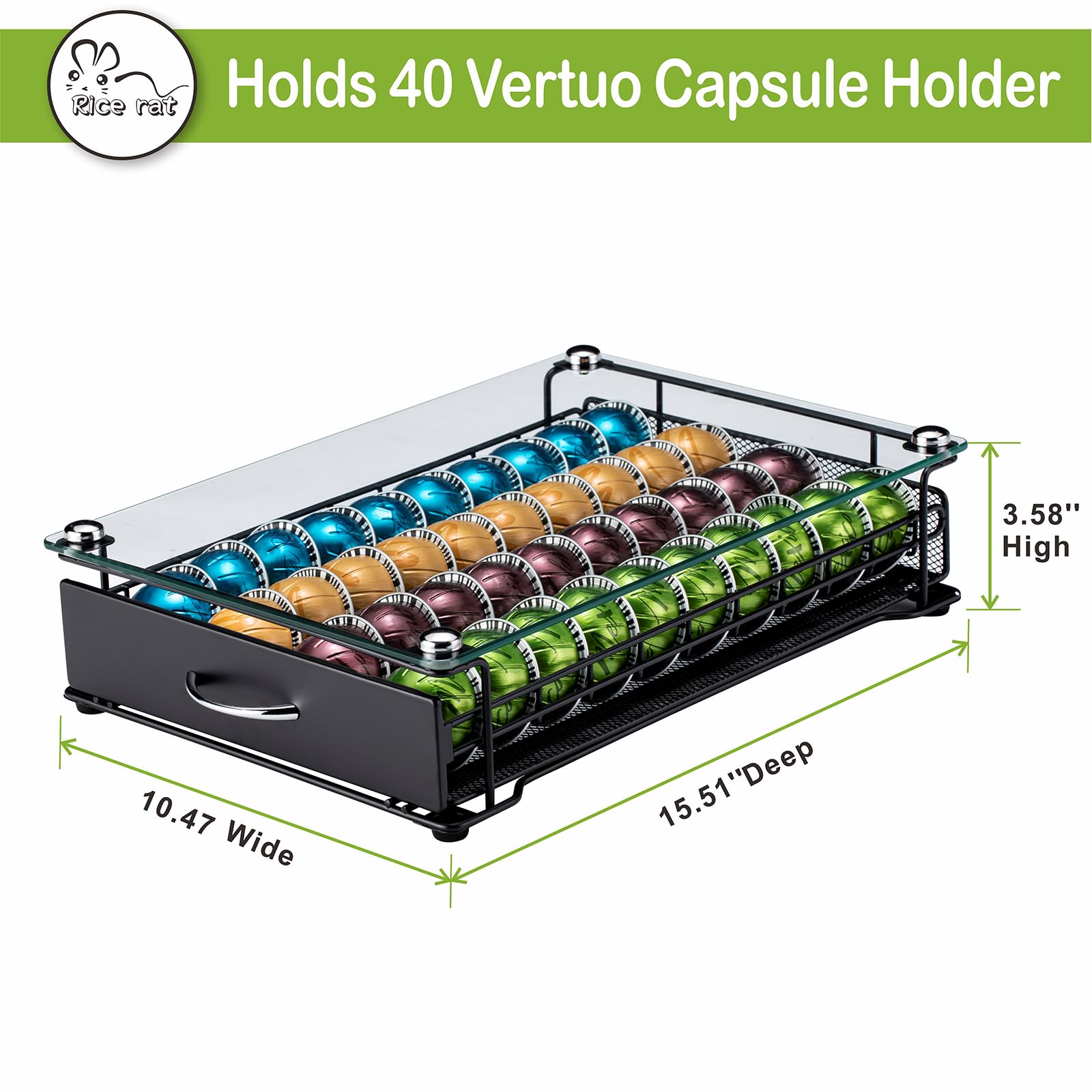 Rice rat Vertuo Capsule Holder Drawer for Nespresso With Glass For Cabinet Vertuoline Pod Storage Rack For Counter (Class-40 Pods(With handle))