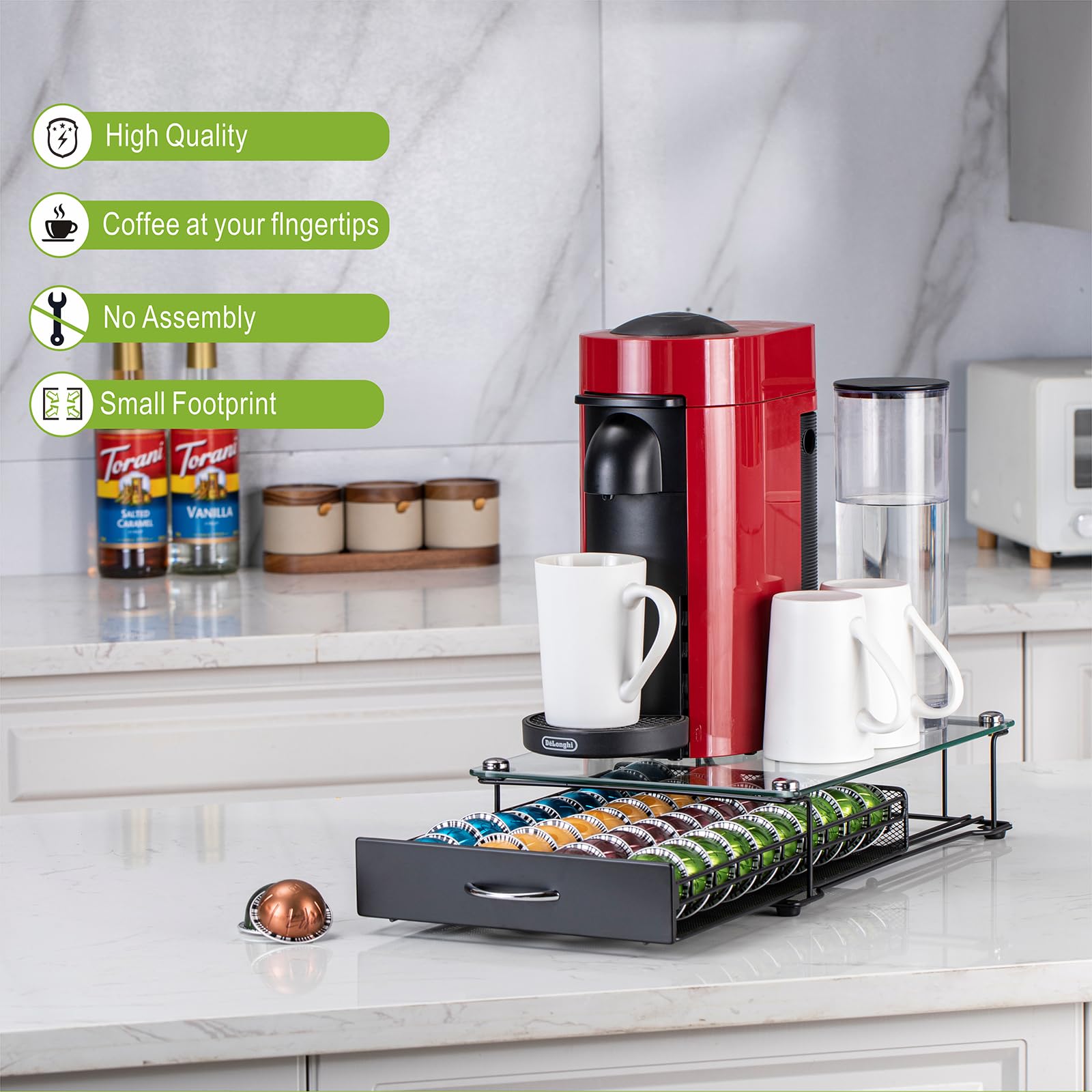 Rice rat Vertuo Capsule Holder Drawer for Nespresso With Glass For Cabinet Vertuoline Pod Storage Rack For Counter (Class-40 Pods(With handle))