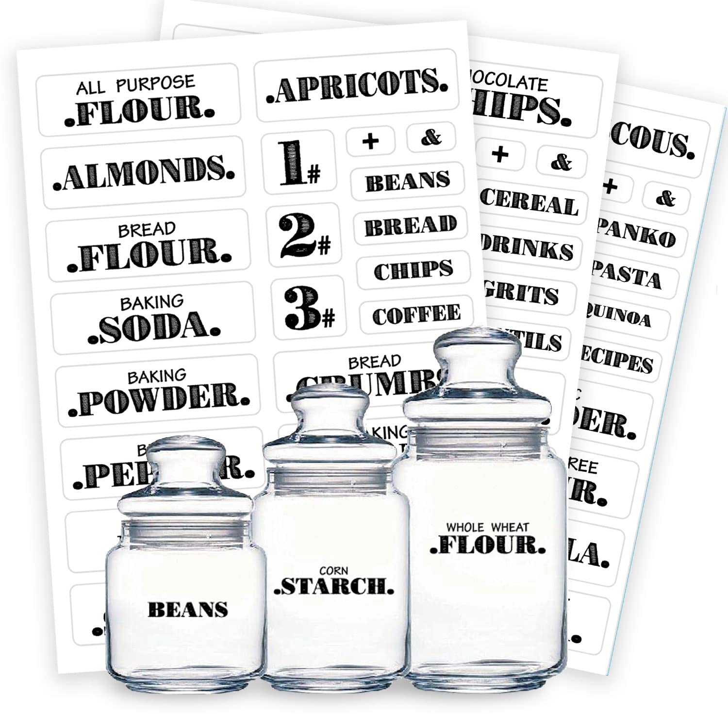 132 Clear Pantry Labels Sticker, Farmhouse Bold Cute Preprinted Pantry Names Stickers, Various Sizes Water Resistant Food Labels for Jars Canisters, Kitchen Organization and Storage W/extra "+"、"&"