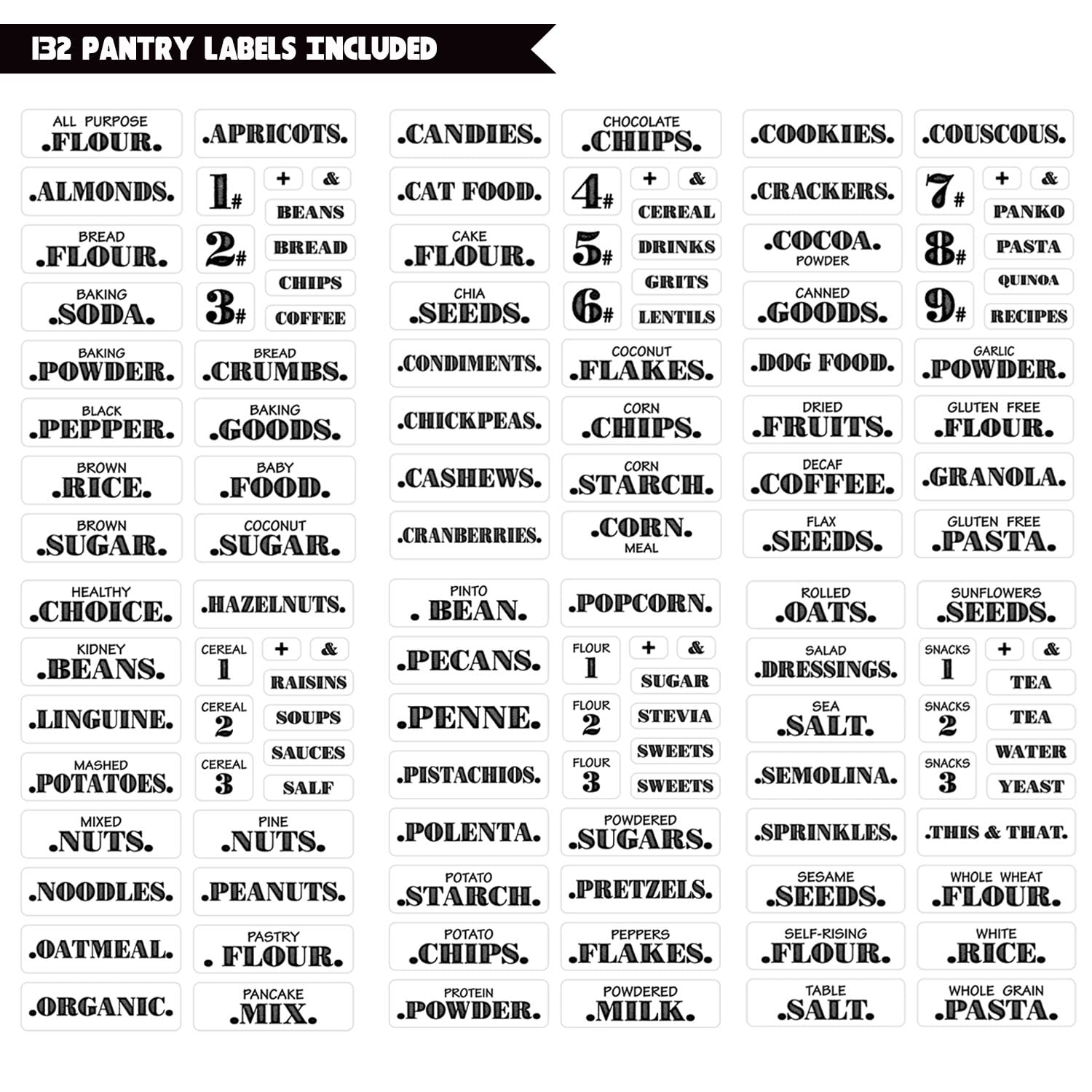 132 Clear Pantry Labels Sticker, Farmhouse Bold Cute Preprinted Pantry Names Stickers, Various Sizes Water Resistant Food Labels for Jars Canisters, Kitchen Organization and Storage W/extra "+"γ"&"