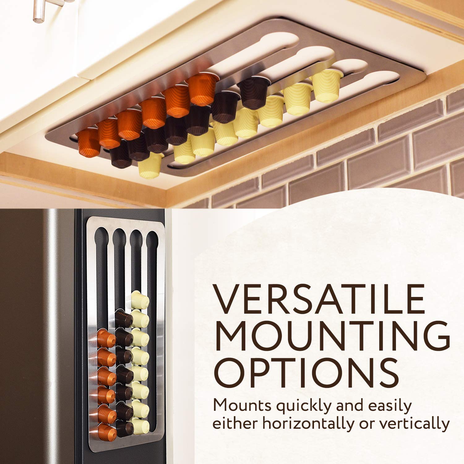 Stainless Steel Capsule Holder For Nespresso Pods, Vertically or Horizontally Mounted on Walls or Under Cabinets, 16"L x 8.6"W (41cm x 22 cm) Original Line Nespresso compatible Storage Holds 44