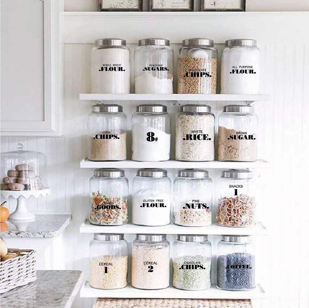 132 Clear Pantry Labels Sticker, Farmhouse Bold Cute Preprinted Pantry Names Stickers, Various Sizes Water Resistant Food Labels for Jars Canisters, Kitchen Organization and Storage W/extra "+"γ"&"