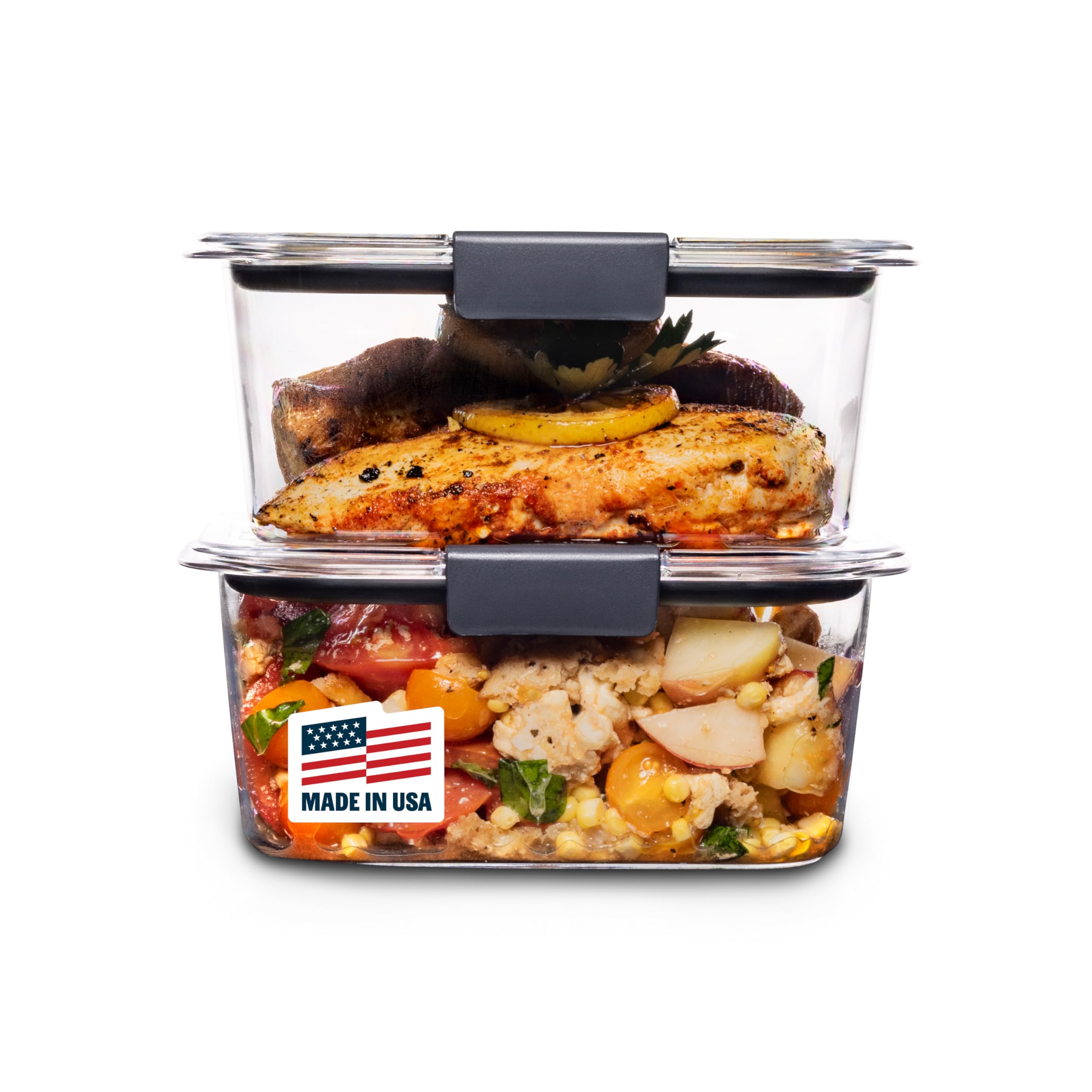 Rubbermaid 2-Piece Brilliance Food Storage Containers with Lids for Lunch, Meal Prep, and Leftovers, Dishwasher Safe, 4.7-Cup, Clear/Grey