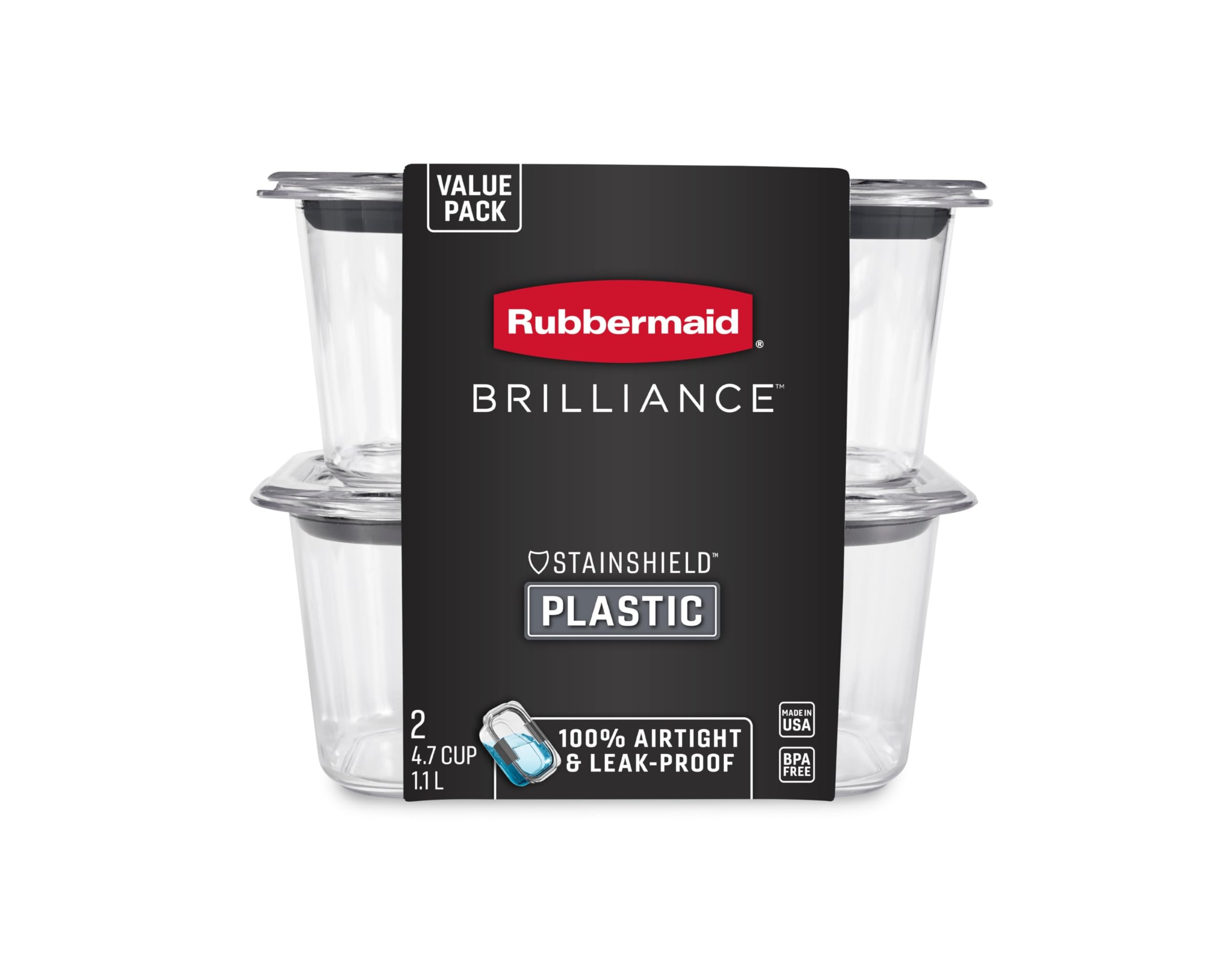 Rubbermaid 2-Piece Brilliance Food Storage Containers with Lids for Lunch, Meal Prep, and Leftovers, Dishwasher Safe, 4.7-Cup, Clear/Grey