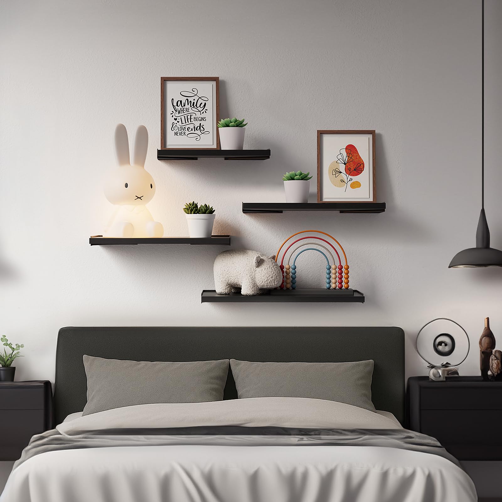 BAYKA Wall Shelves for Bedroom Decor, Floating Wall Shelves for Living Room Kitchen Storage, Wall Mounted Rustic Wood Floating Shelves for Kids Books, Small Shelf for Bathroom(Black,Set of 3)