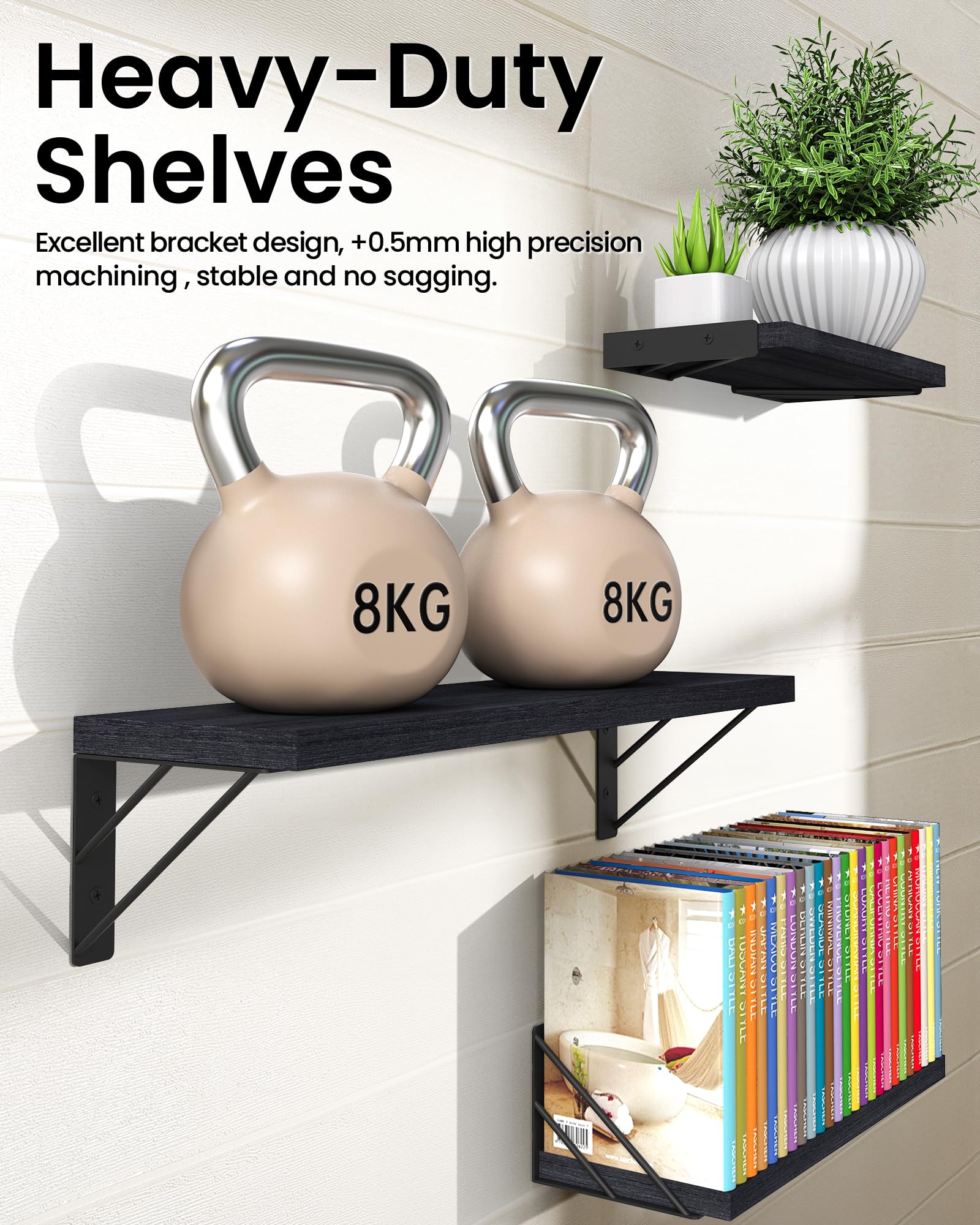 BAYKA Wall Shelves for Bedroom Decor, Floating Wall Shelves for Living Room Kitchen Storage, Wall Mounted Rustic Wood Floating Shelves for Kids Books, Small Shelf for Bathroom(Black,Set of 3)