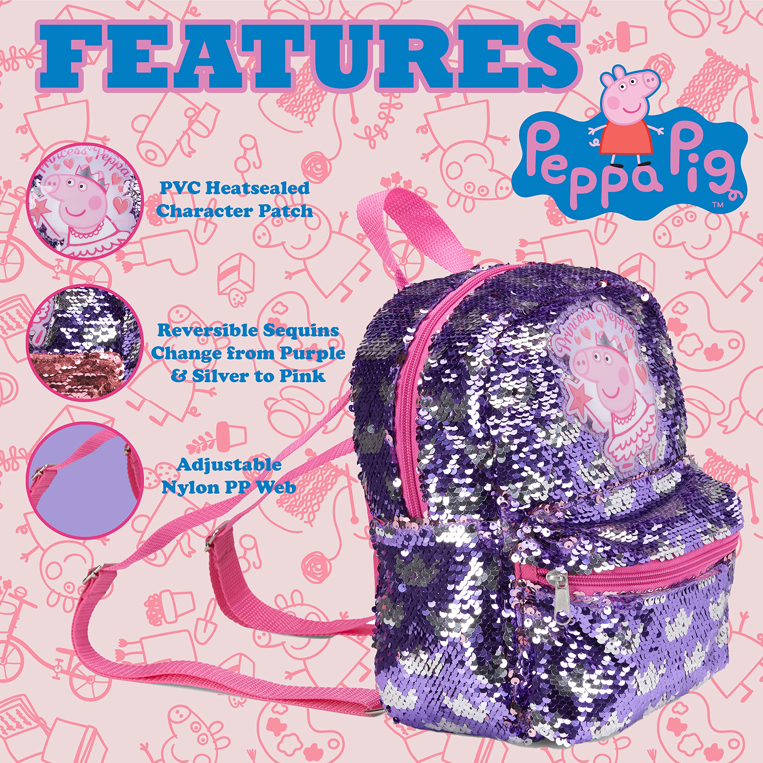 Peppa Pig Mini Backpack for Girls for Kindergarten & Elementary School, 10 Inch, Flip Sequins Patch, Adjustable Straps, Lightweight Travel Bag for Kids