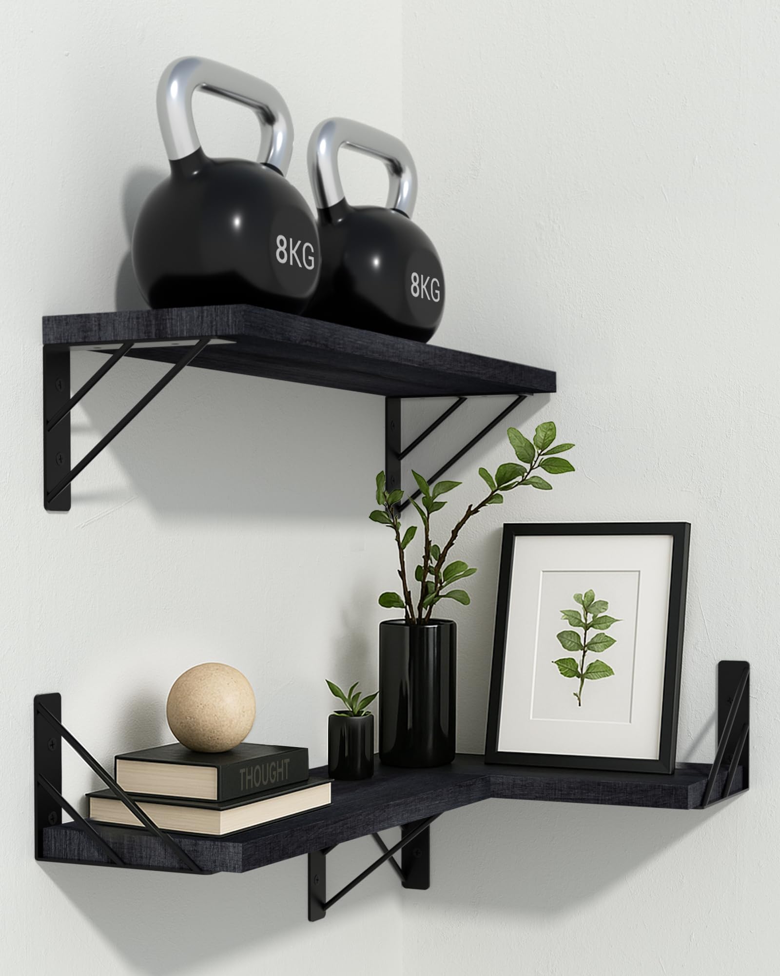 BAYKA Wall Shelves for Bedroom Decor, Floating Wall Shelves for Living Room Kitchen Storage, Wall Mounted Rustic Wood Floating Shelves for Kids Books, Small Shelf for Bathroom(Black,Set of 3)