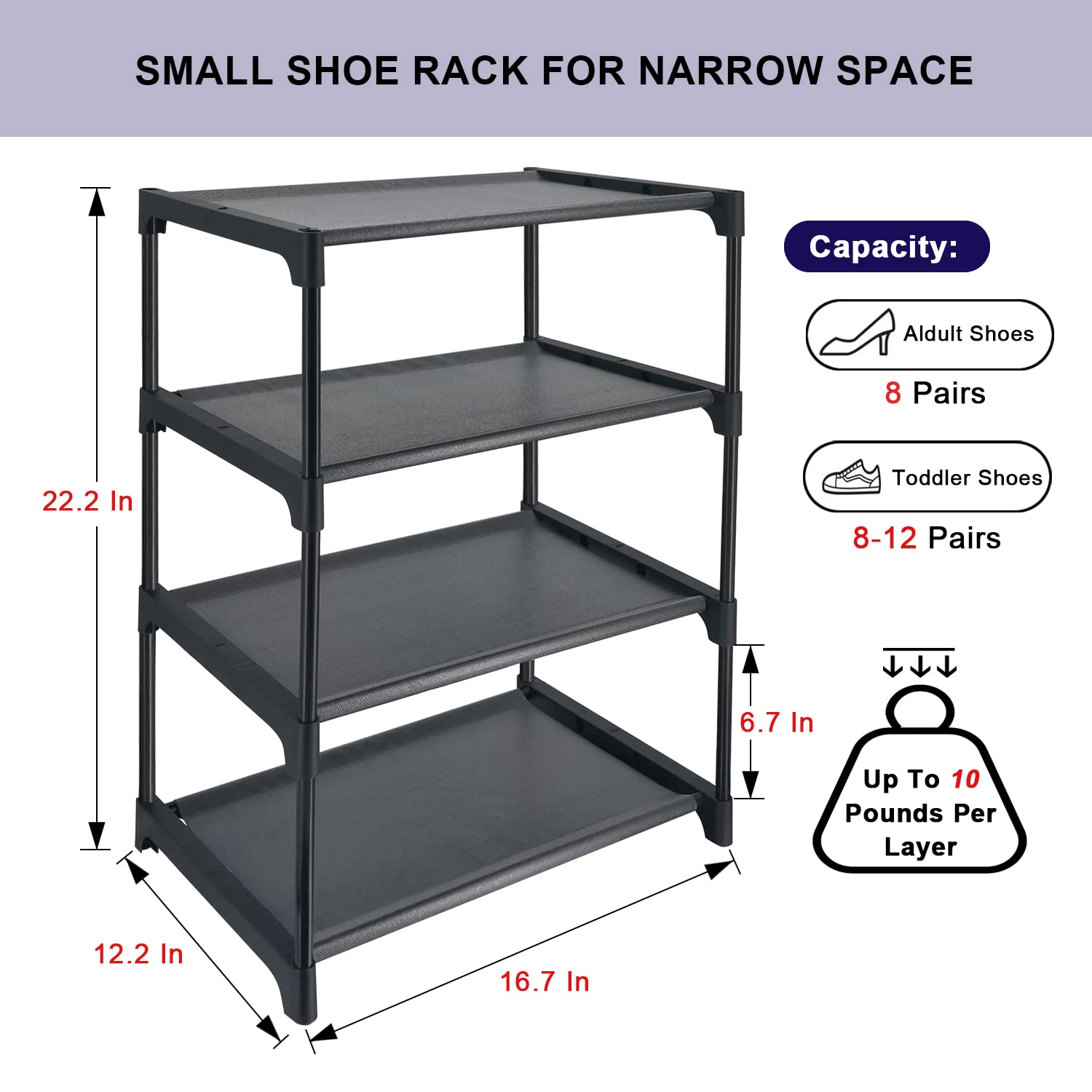 HITHIM 4 Tiers Small Shoe Rack,Narrow Stackable Shoe Shelf Organizer,Sturdy Shoe Stand, Non-Woven Fabric Metal Free Standing Shoe Racks for Entryway, Doorway and Bedroom Closet