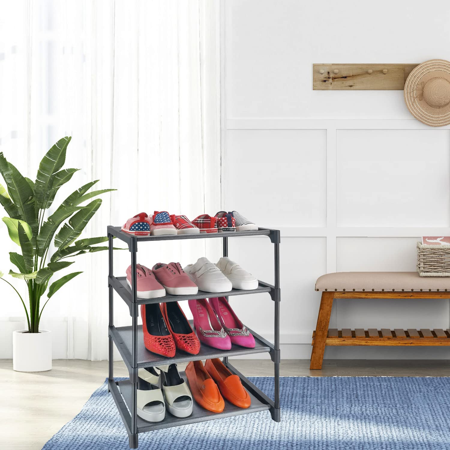 HITHIM 4 Tiers Small Shoe Rack,Narrow Stackable Shoe Shelf Organizer,Sturdy Shoe Stand, Non-Woven Fabric Metal Free Standing Shoe Racks for Entryway, Doorway and Bedroom Closet