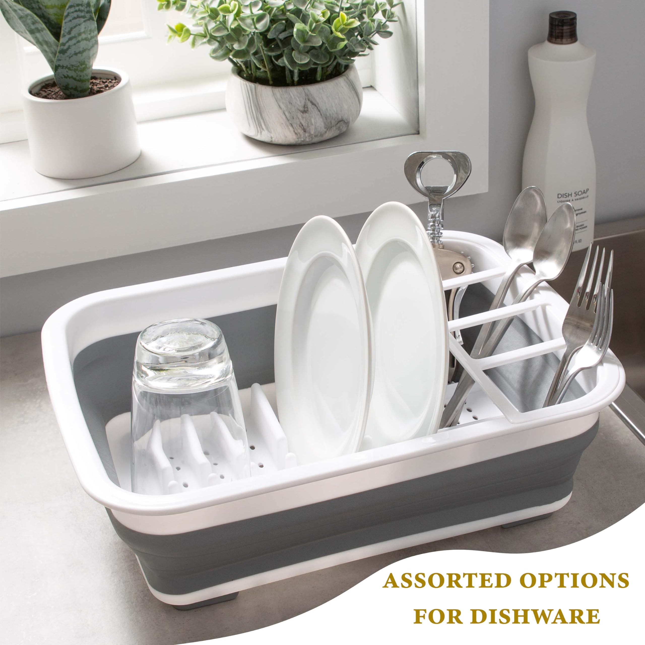 Kitchen Details Collapsible Dish Drying Rack | Space Saver | Aerated Bases Drain Holes | Plates, Bowls, Utensils Compartments | Countertop and Sink Storage | White/Grey