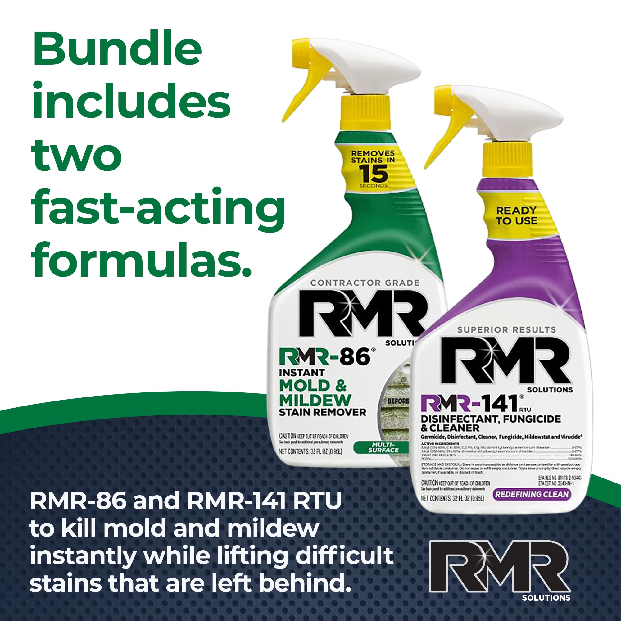RMR Brands Complete Mold Killer & Stain Remover Bundle - Mold and Mildew Prevention Kit, Disinfectant Spray, Mold and Mildew Stain Remover, Includes 2 - 32 Ounce Bottles