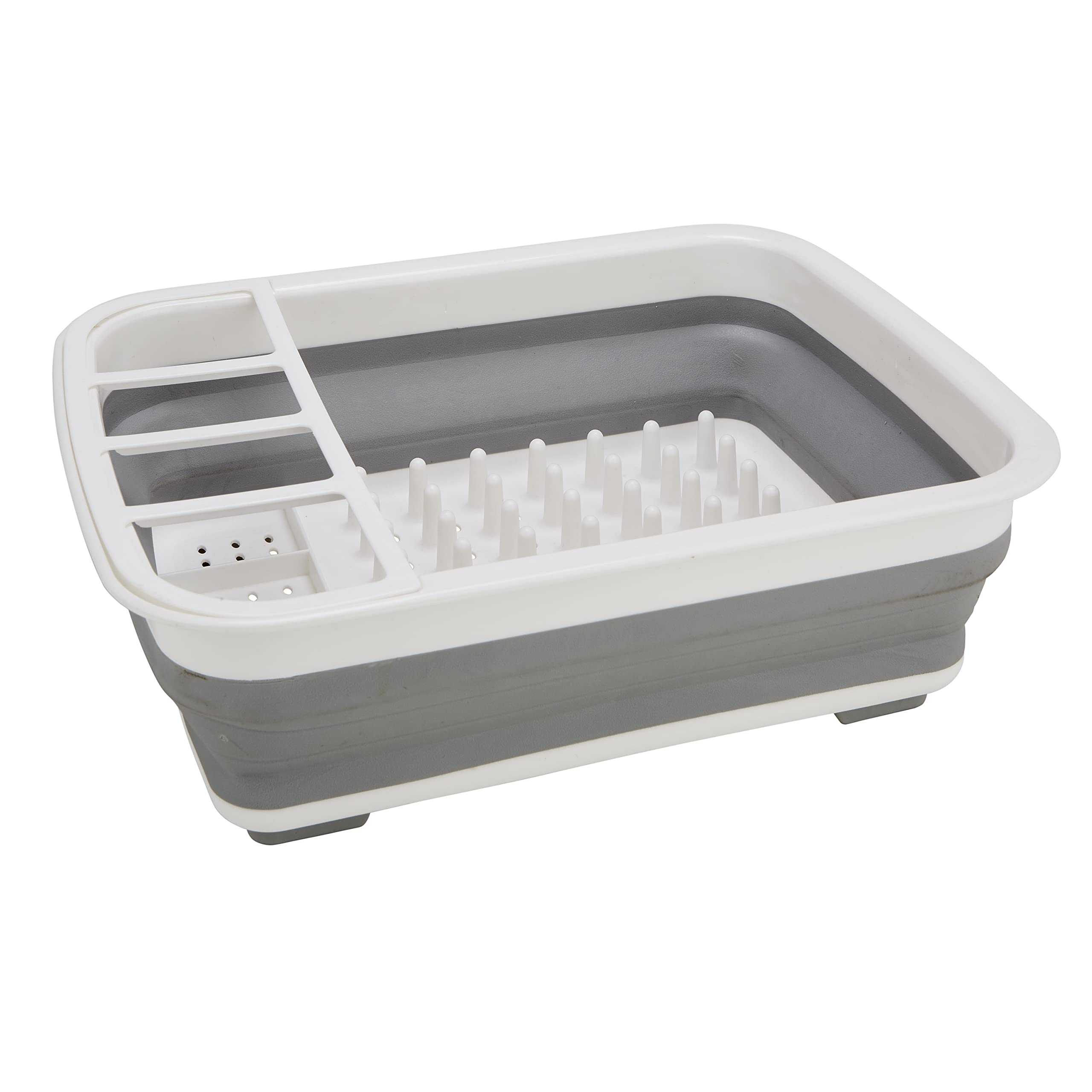 Kitchen Details Collapsible Dish Drying Rack | Space Saver | Aerated Bases Drain Holes | Plates, Bowls, Utensils Compartments | Countertop and Sink Storage | White/Grey