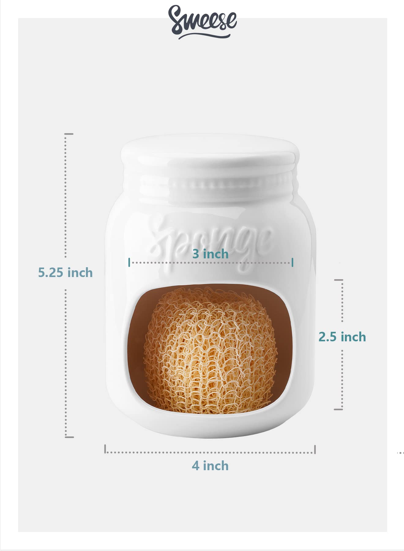 Sweese 816.101 Porcelain Mason jar Sponge Holder for Kitchen Sink, Modern Farmhouse Kitchen Accessories, Sink Caddy Gift for Family, Friends, and Collectors, White